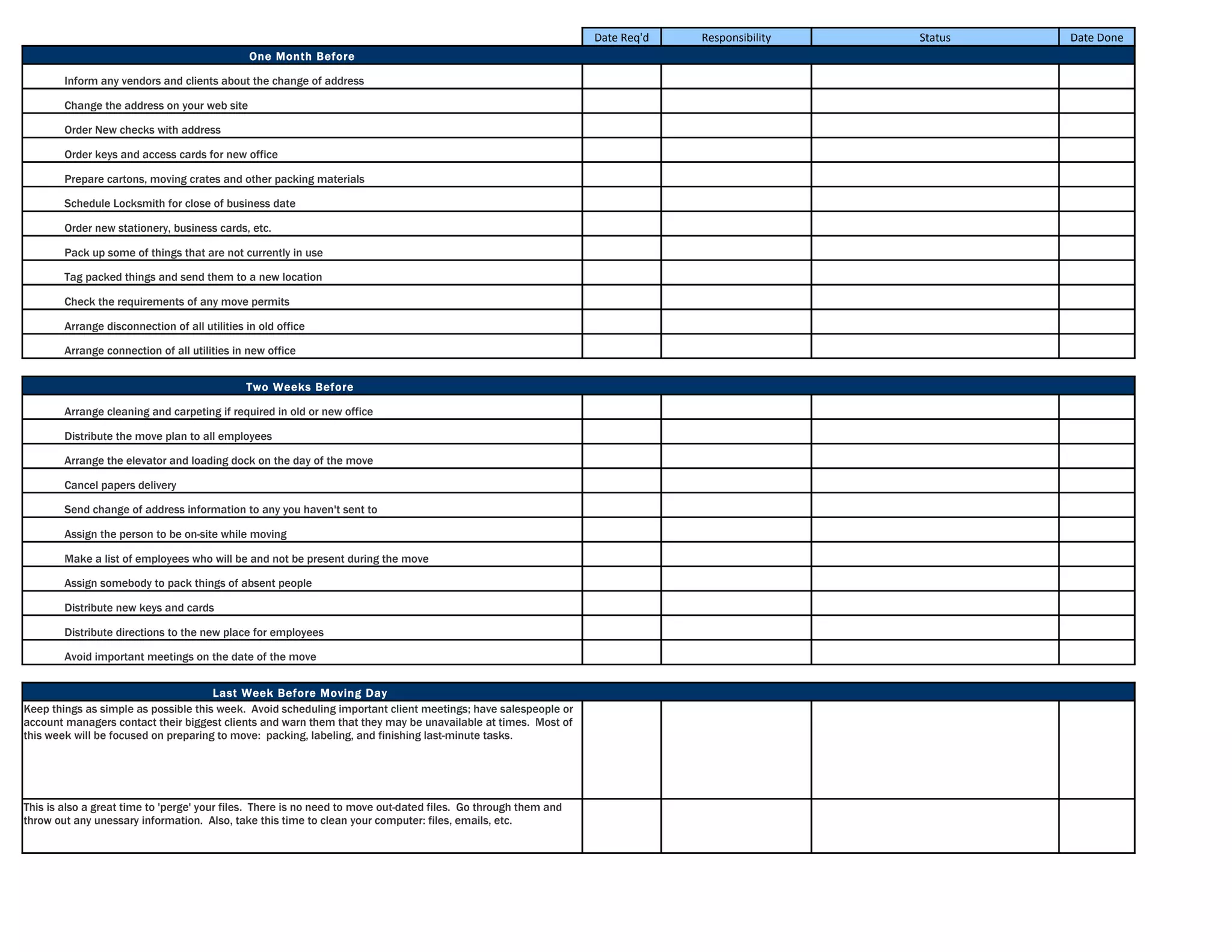 Moving? Checklist for Small Businesses | XLS