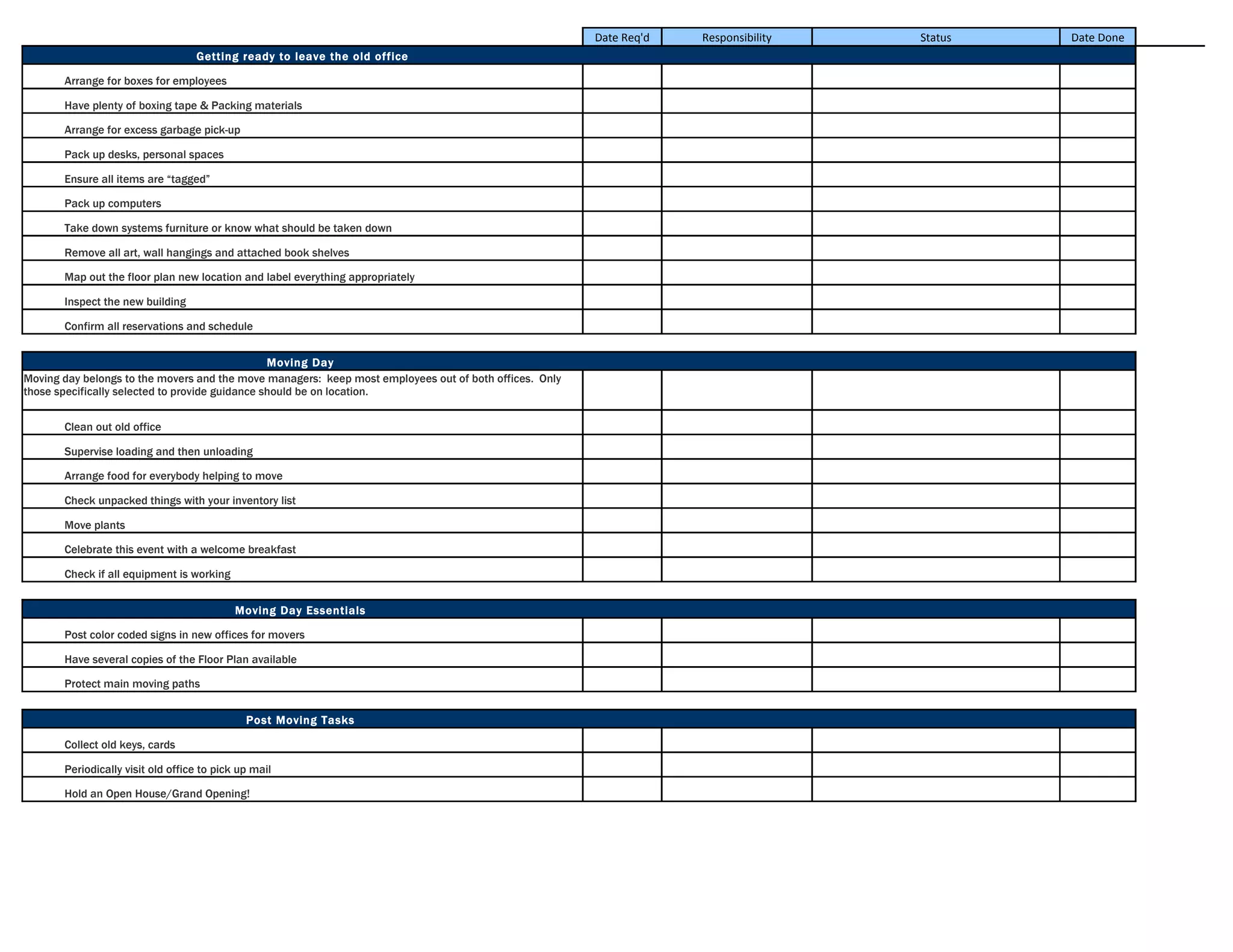 Moving? Checklist for Small Businesses | XLS