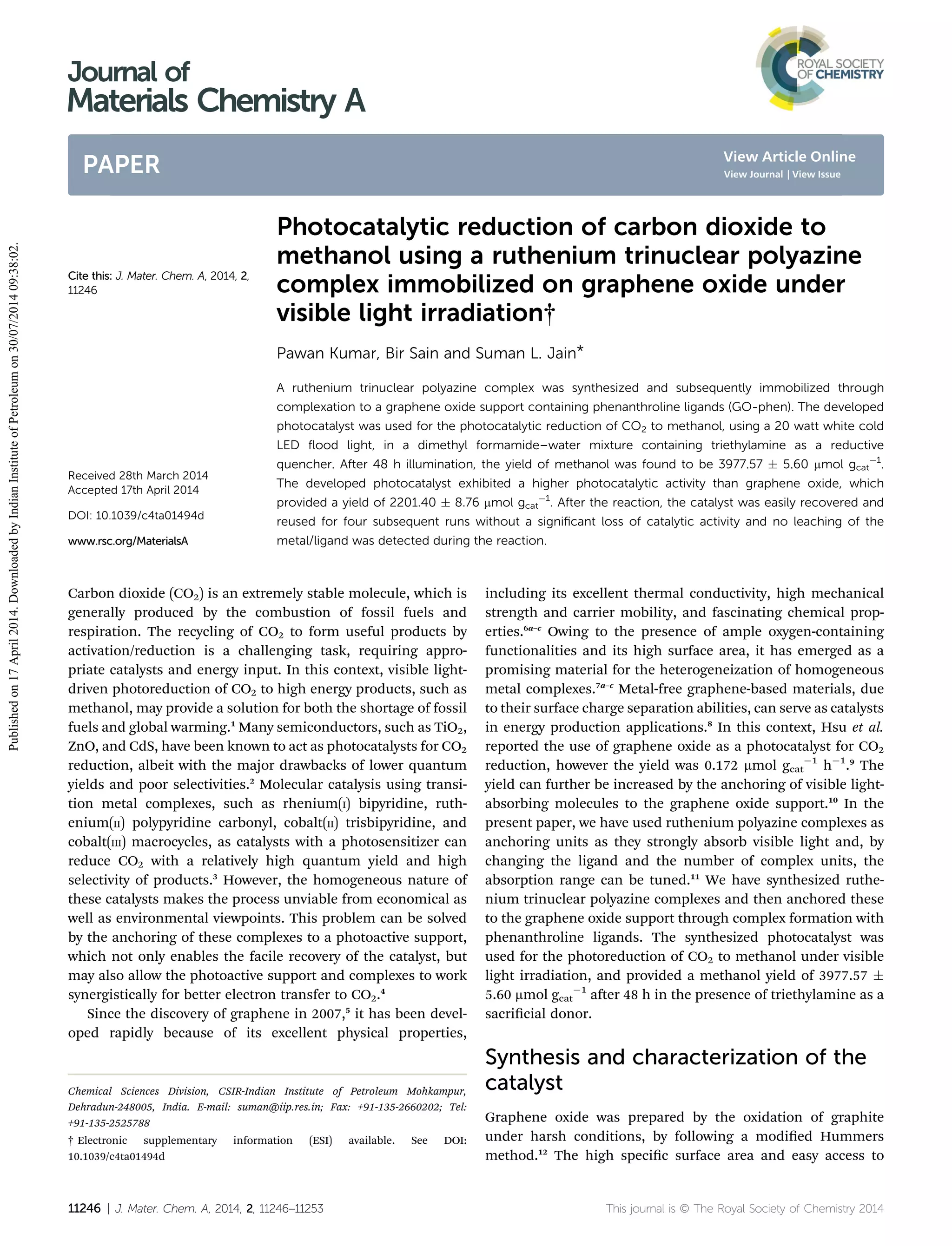 Photocatalytic reduction of carbon dioxide to methanol using a ...
