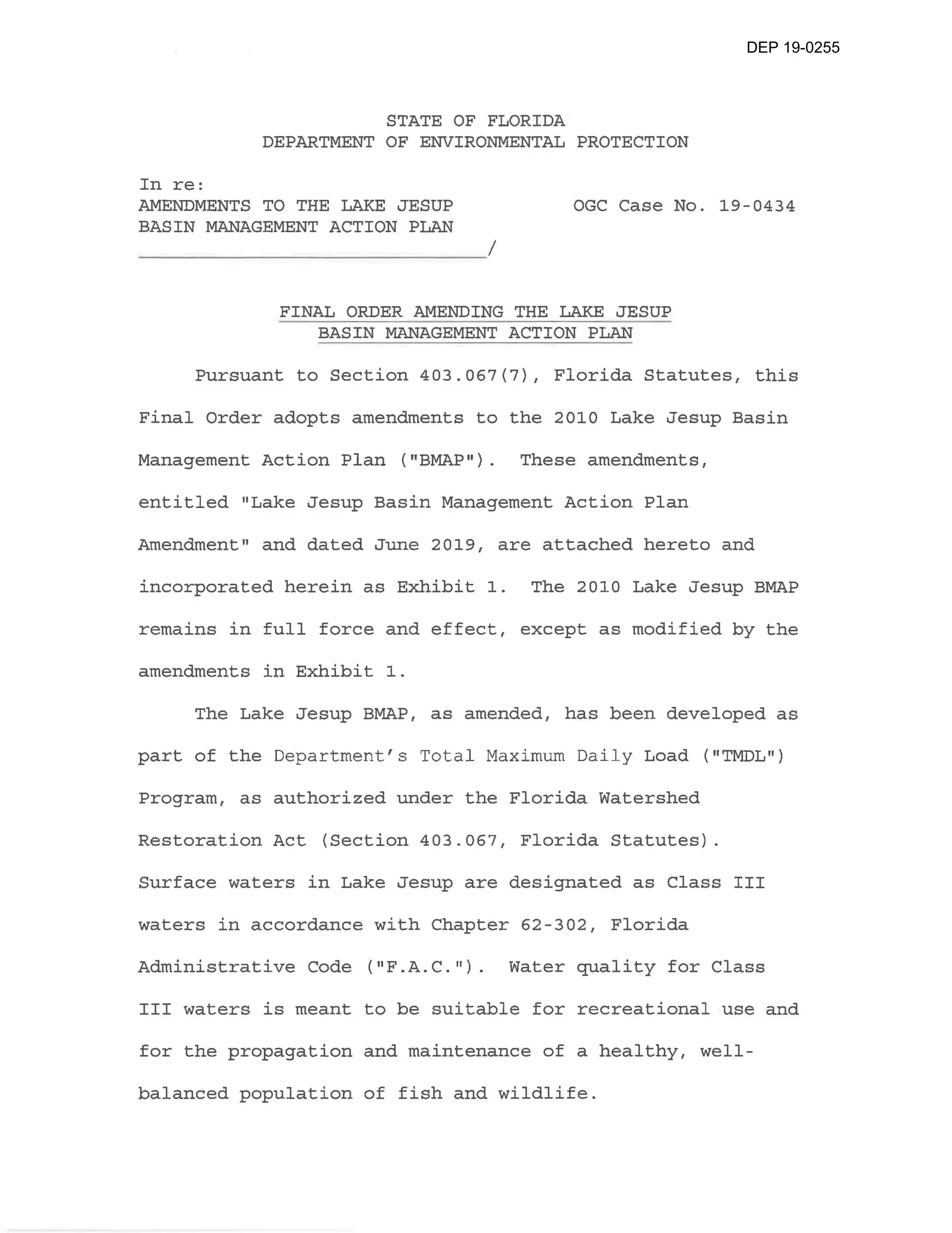 Final Order Amending The Lake Jesup Basin Management Action Plan | PDF