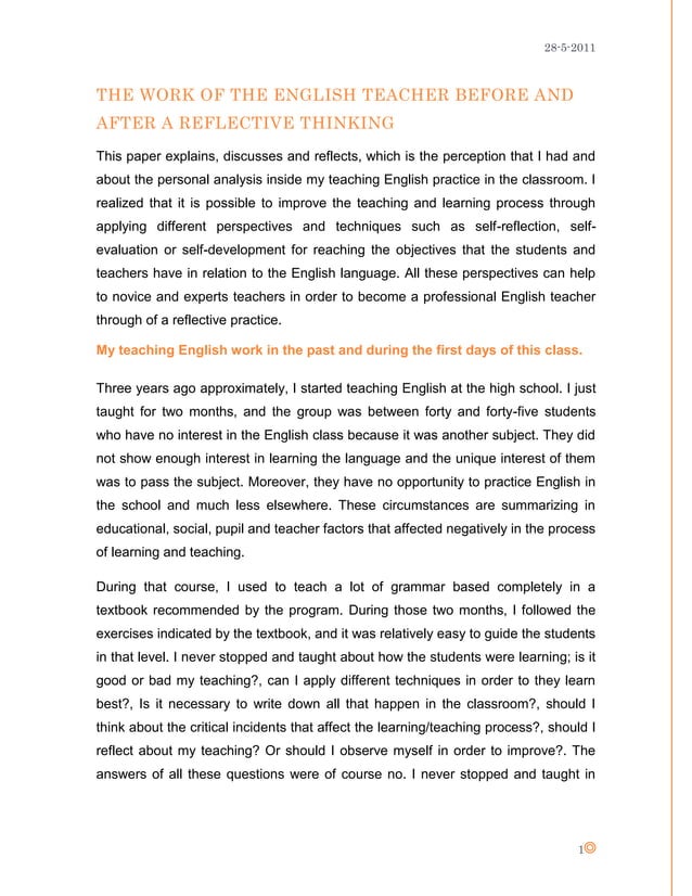 THE WORK OF THE ENGLISH TEACHER BEFORE AND AFTER A REFLECTIVE THINKING | PDF