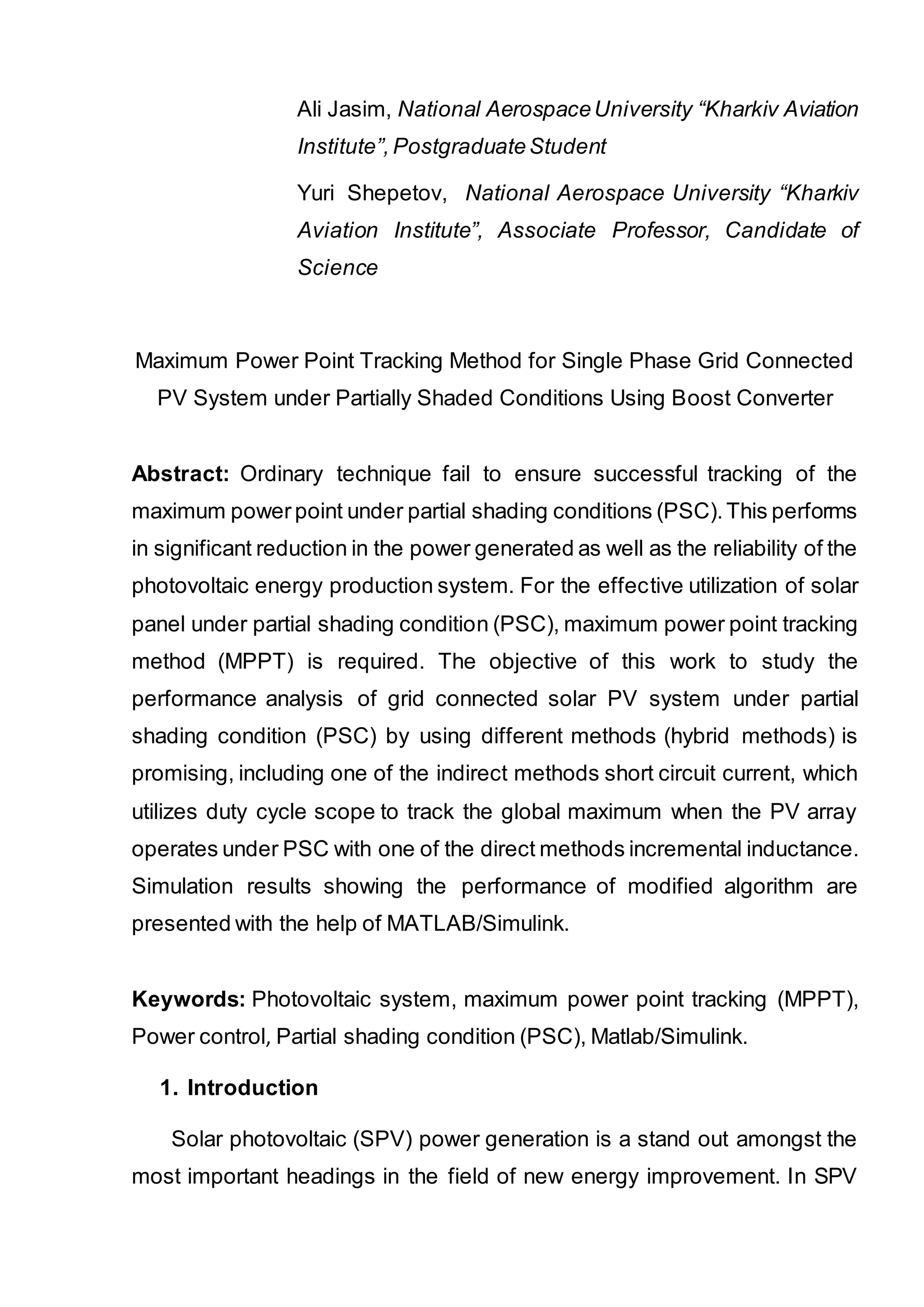Maximum Power Point Tracking Method For Single Phase Grid Connected Pv System Under Partially