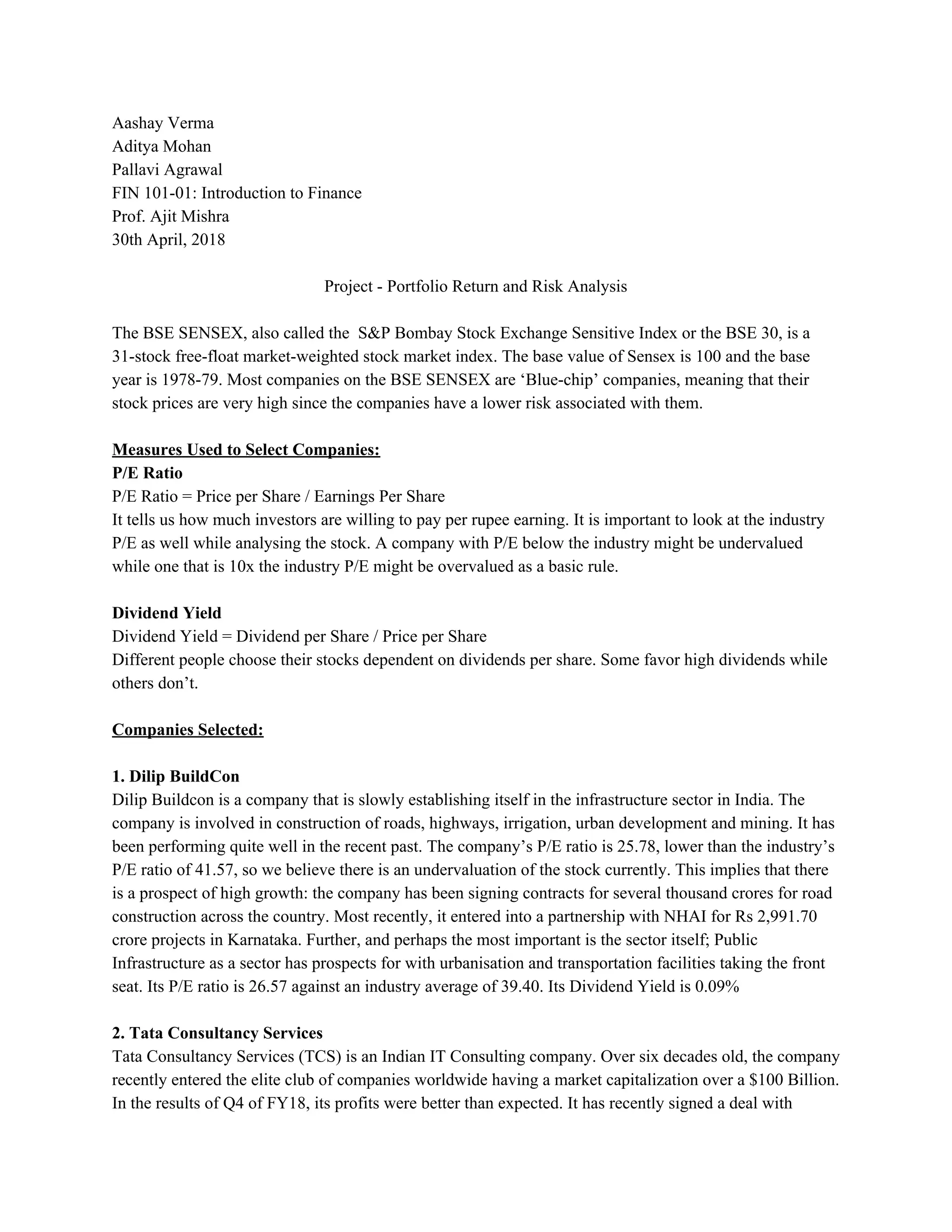 Finance Project: Beta Values of Stocks | PDF
