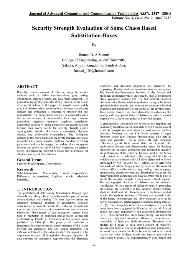 Security Strength Evaluation of Some Chaos Based Substitution-Boxes | PDF