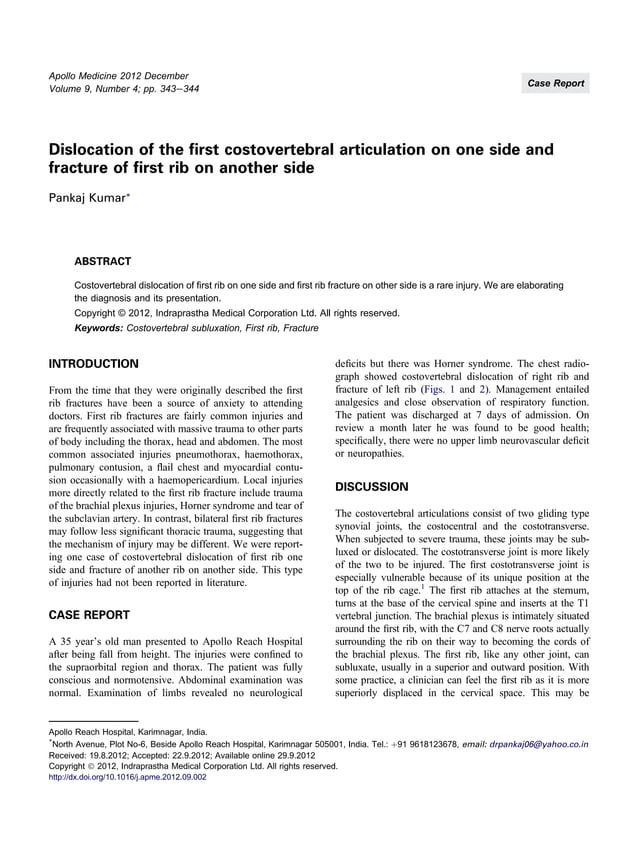 Dislocation of the First Costovertebral Articulation on One Side and ...
