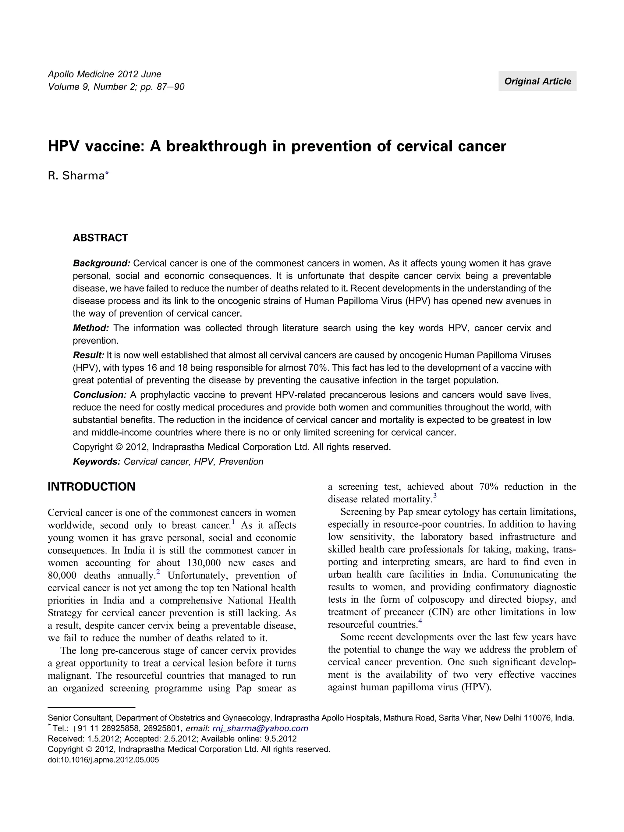 HPV Vaccine: A Breakthrough In Prevention of Cervical Cancer | PDF