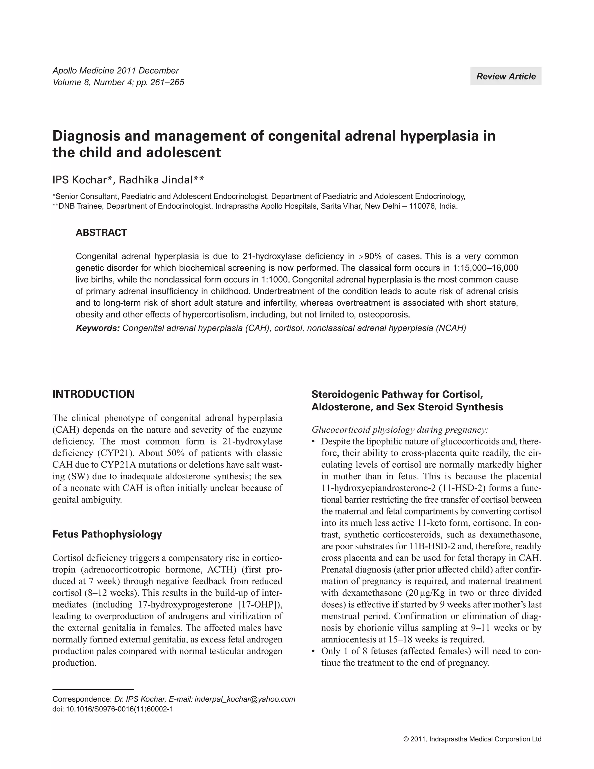 Diagnosis and Management of Congenital Adrenal Hyperplasia in the Child ...