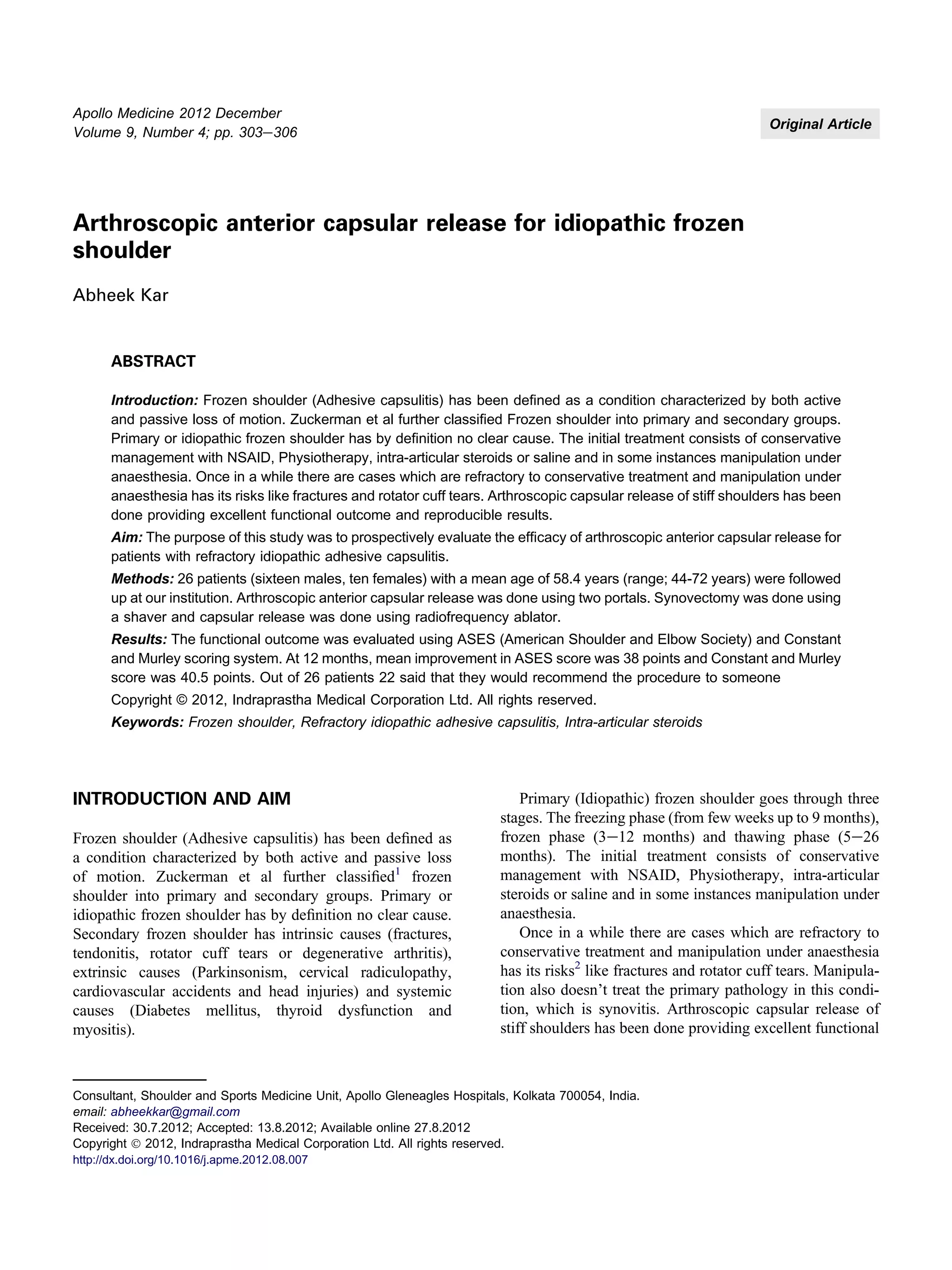 Arthroscopic Anterior Capsular Release for Idiopathic Frozen Shoulder | PDF