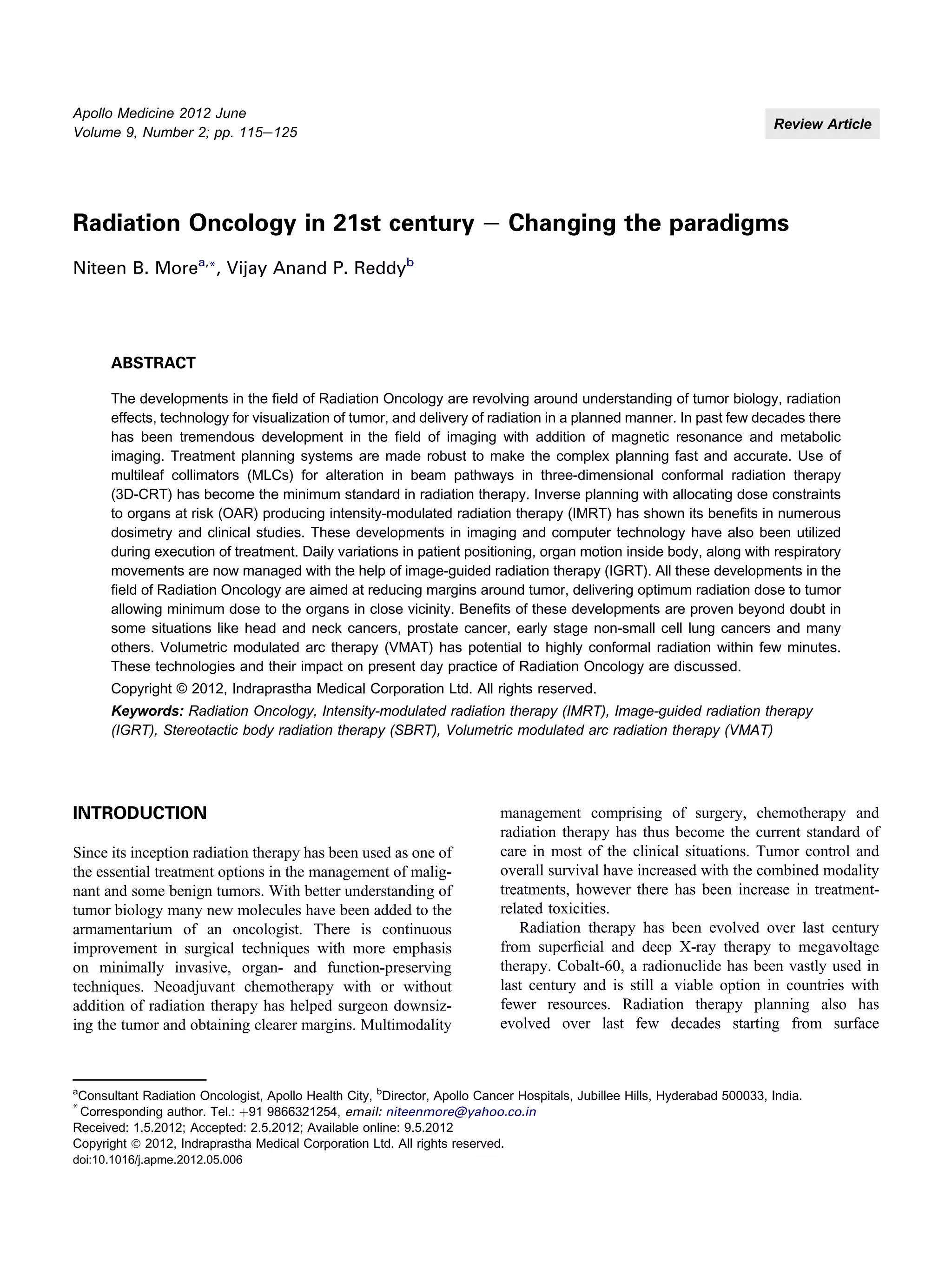 Radiation Oncology in 21st Century - Changing the Paradigms | PDF