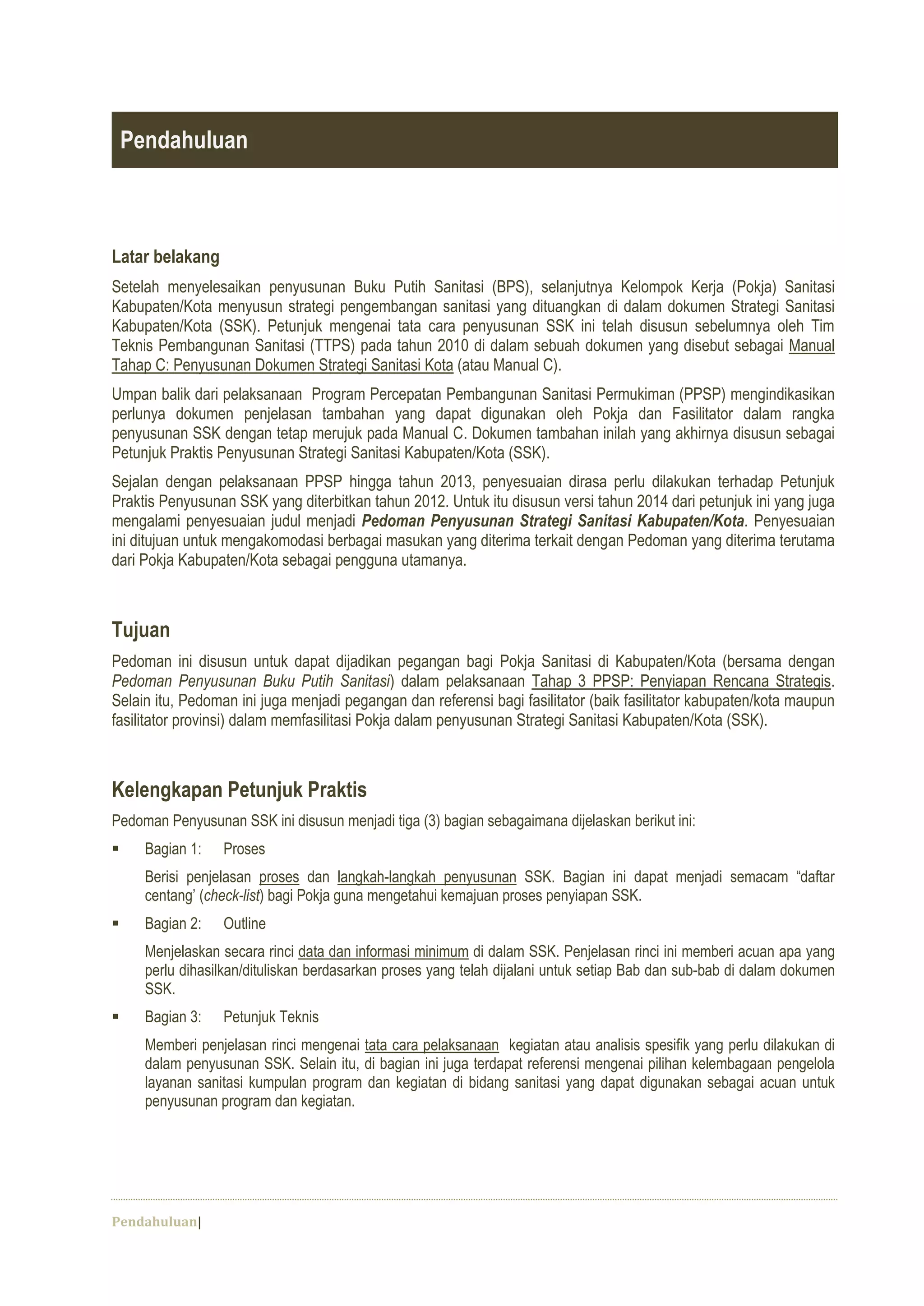 Pedoman Penyusunan Strategi Sanitasi Kabupaten/Kota (SSK) 2014 | PDF