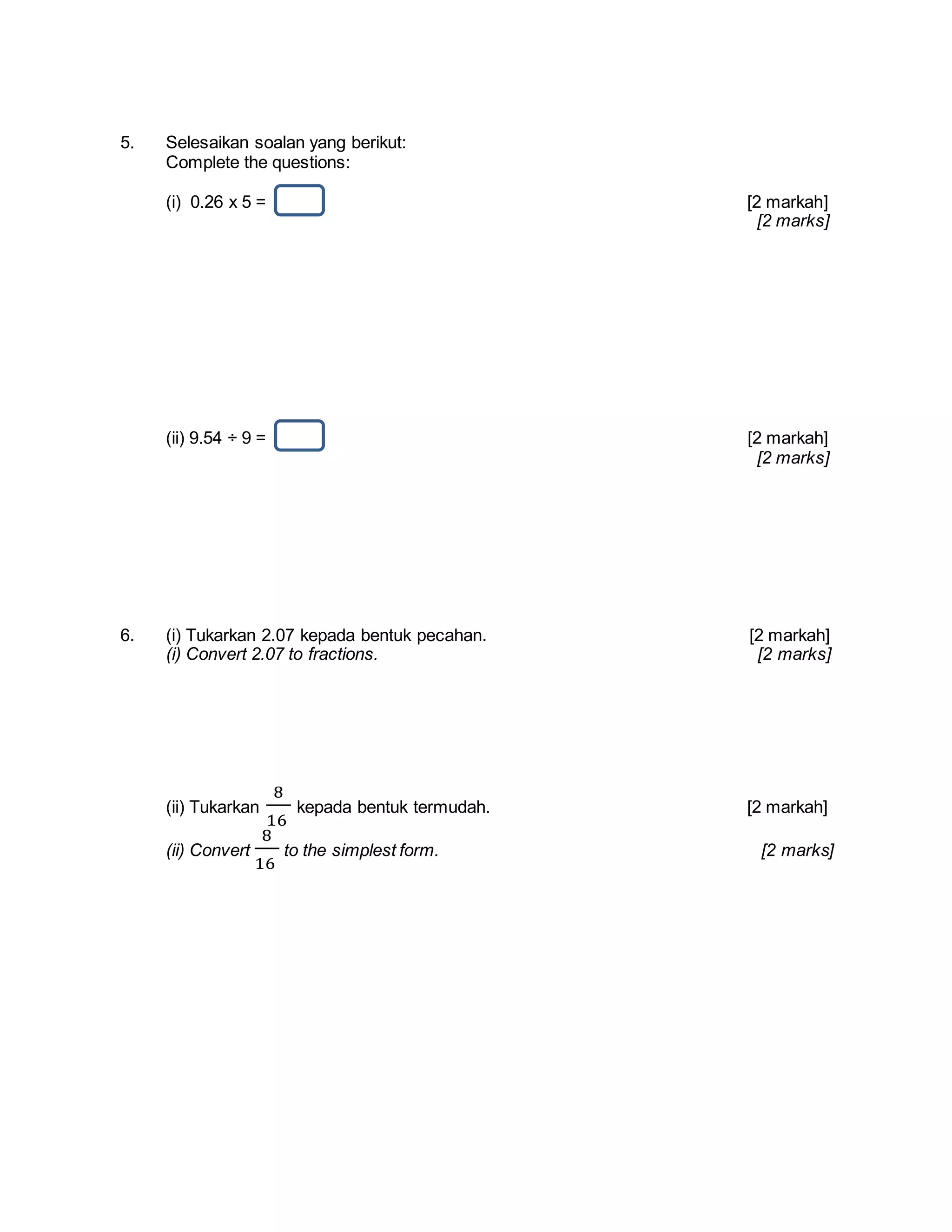 Final perperiksaan mt (k2) tahun 4 pertengahan tahun 2018 (1) | PDF