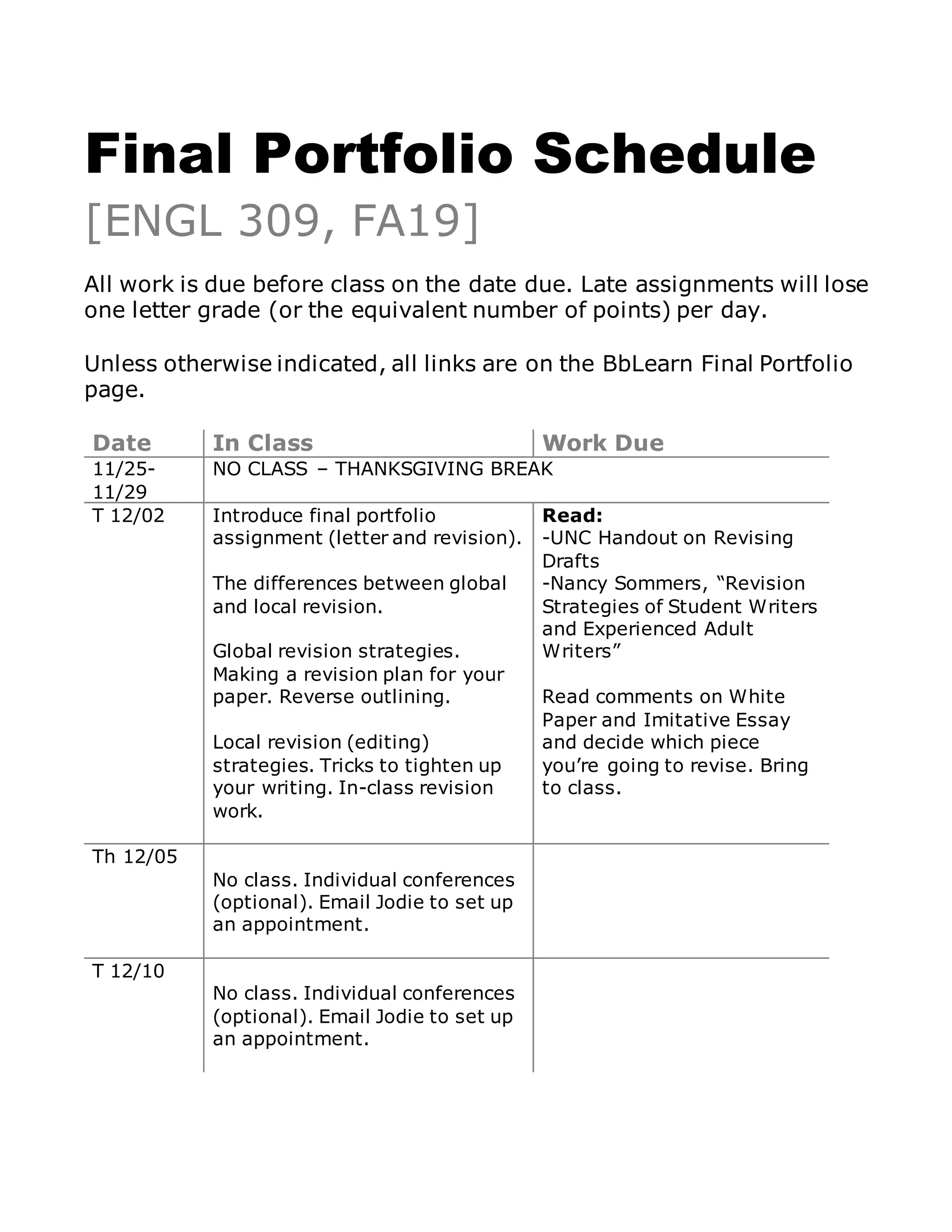 ENGL 309 Final Portfolio Schedule, FA 19 | PDF