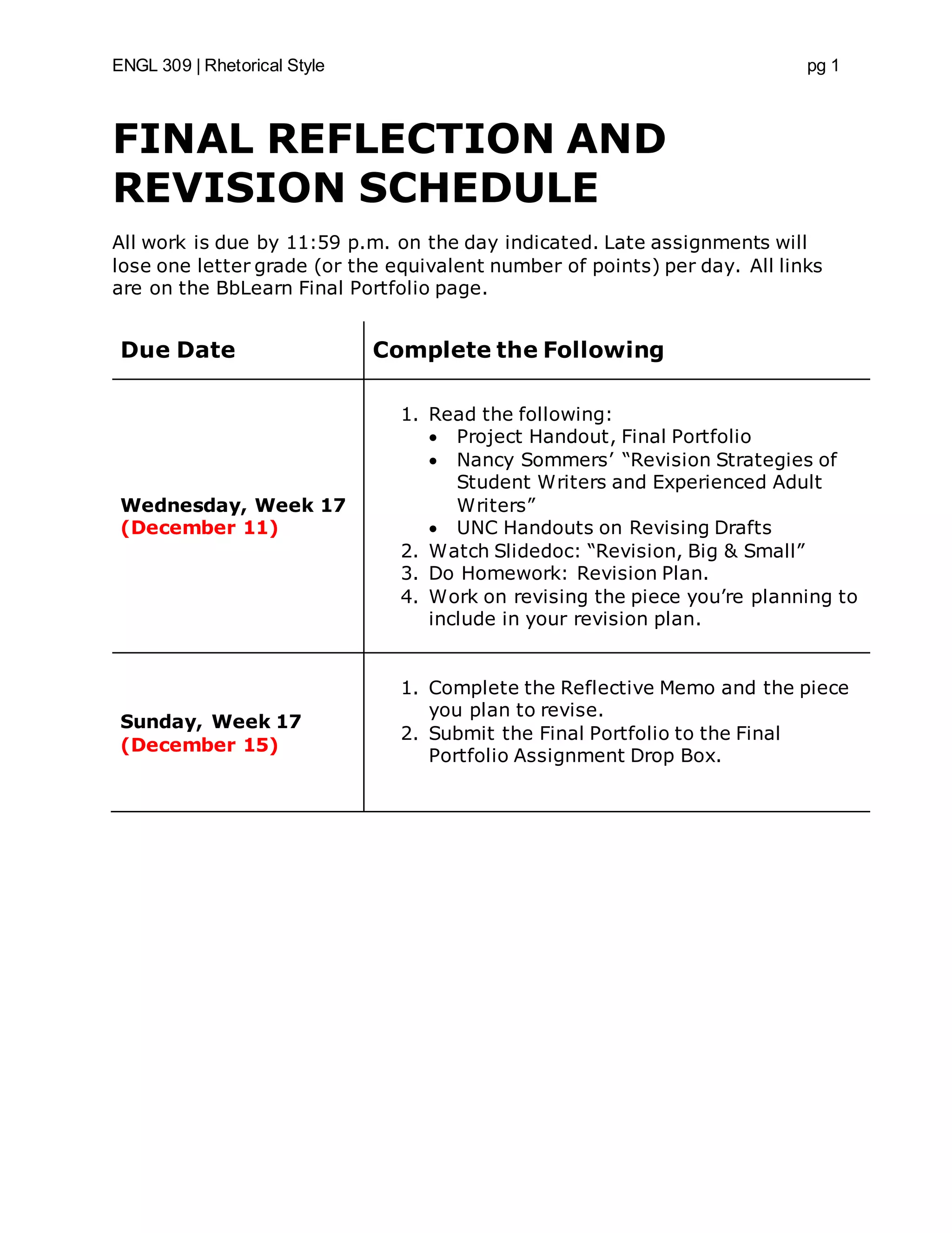 ENGL 309 FA19 Online Final Reflection and Revision Schedule | PDF