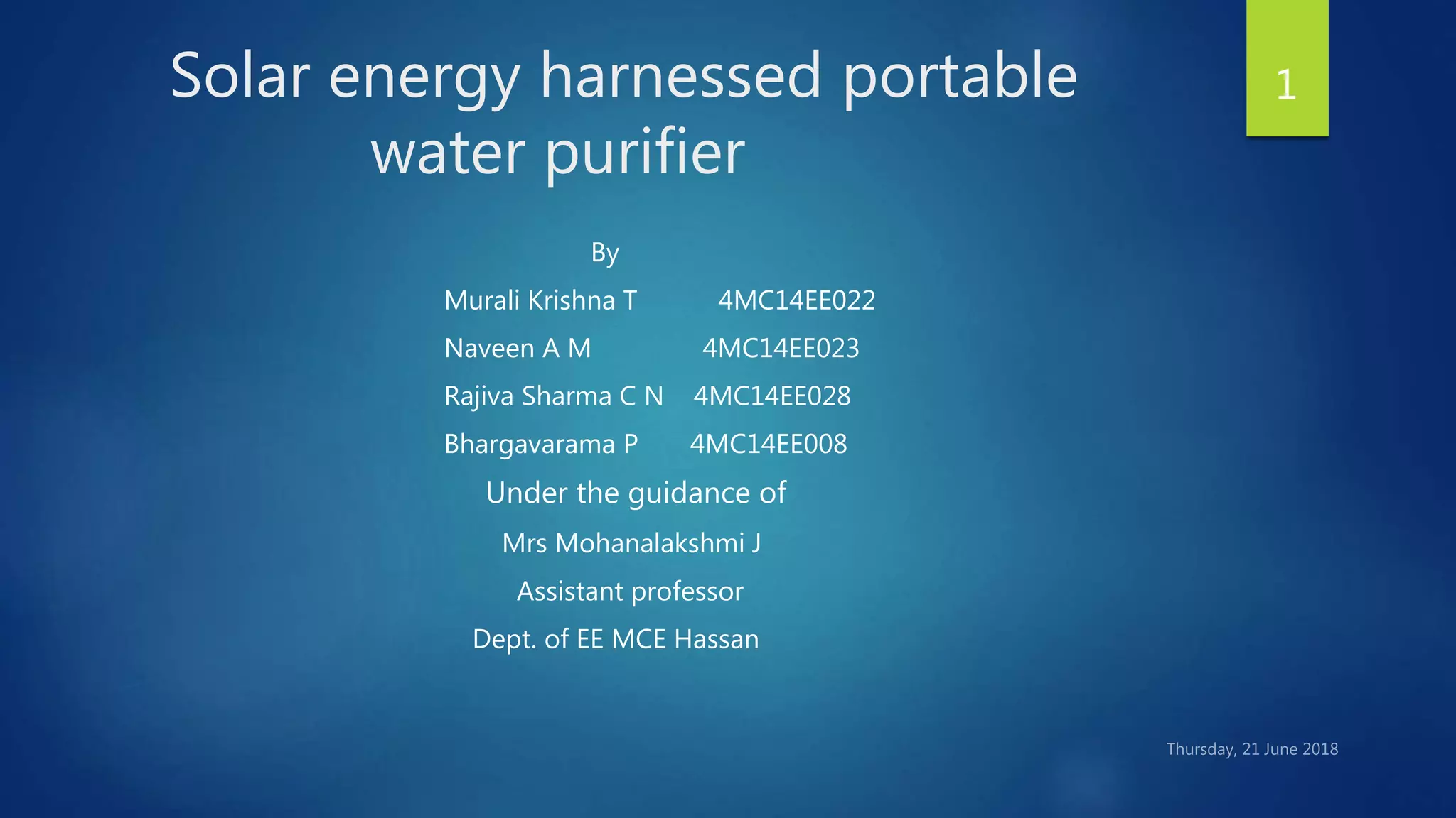 Solar powered portable water Purifier | PPTX