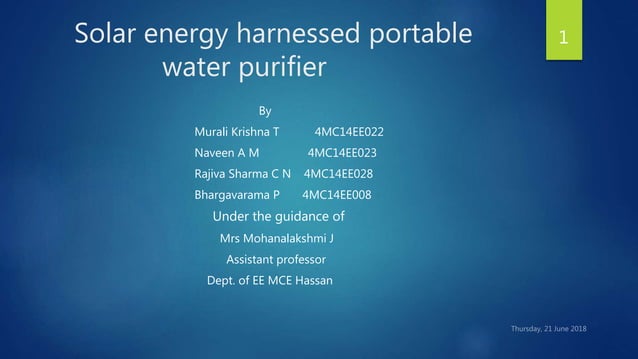 Solar powered portable water Purifier | PPTX | Indoor Environmental ...