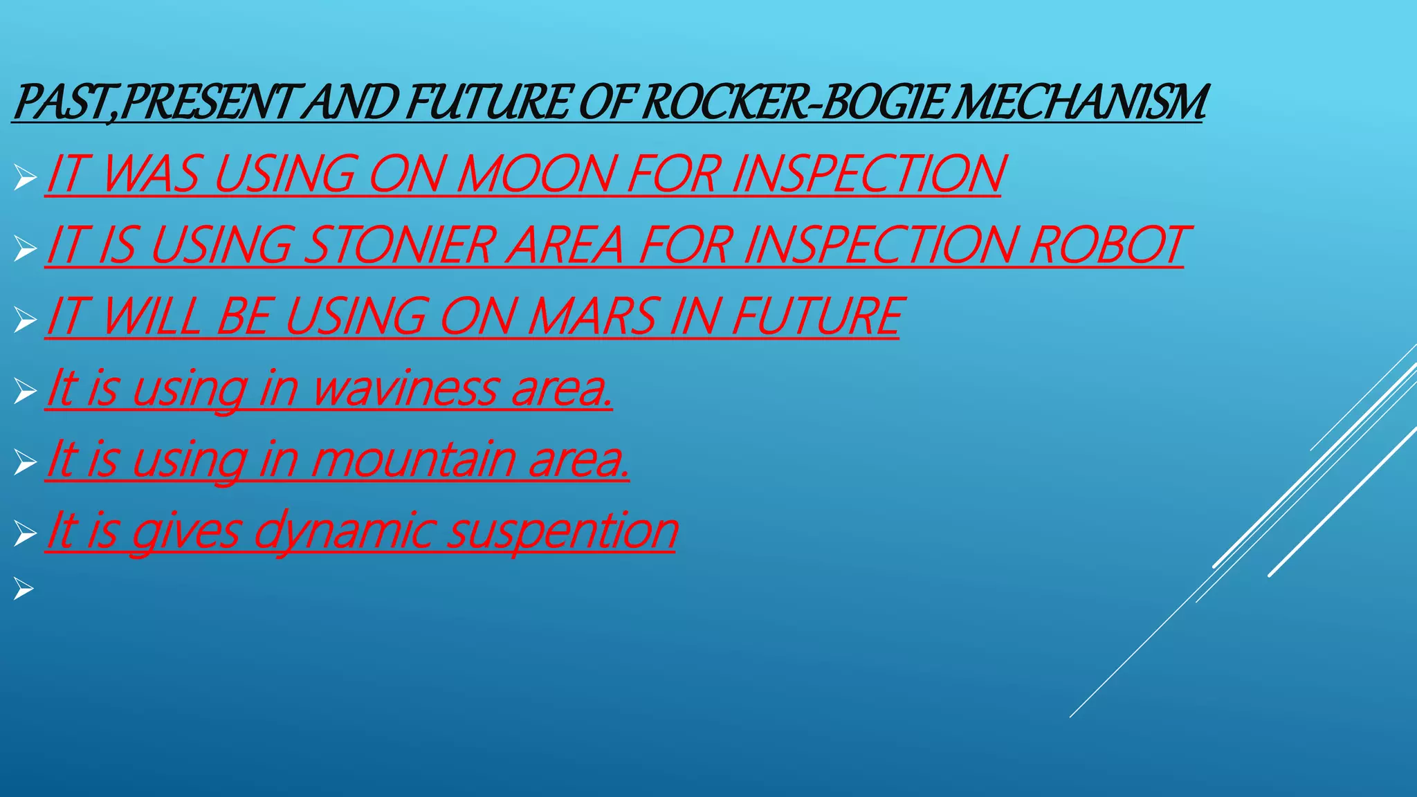 Rocker bogie mechanism (mars rover) final year mini project | PPTX