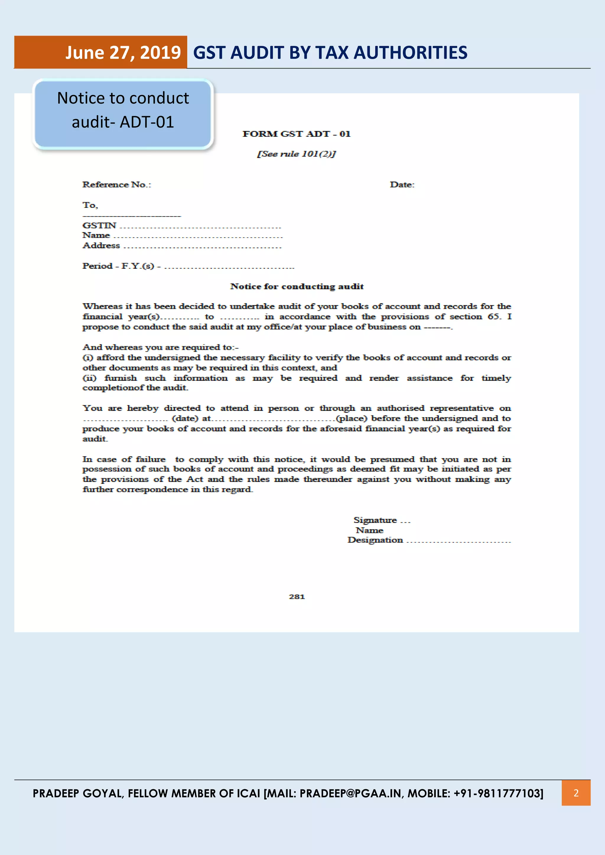 All about GST Department's Audit under section 65 of CGST Act | PDF