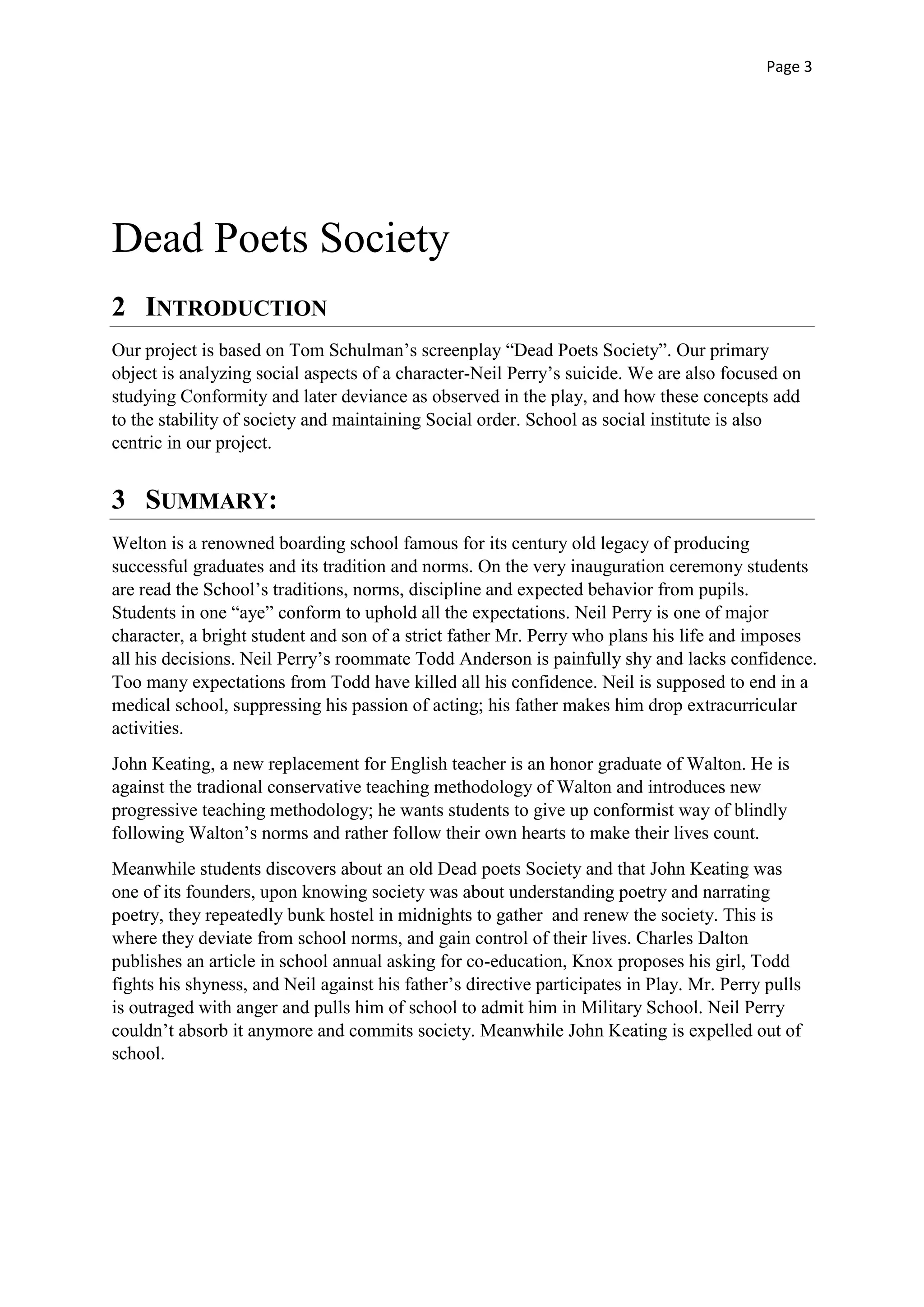Sociological Perspective of the movie "Dead Poets Society". | PDF