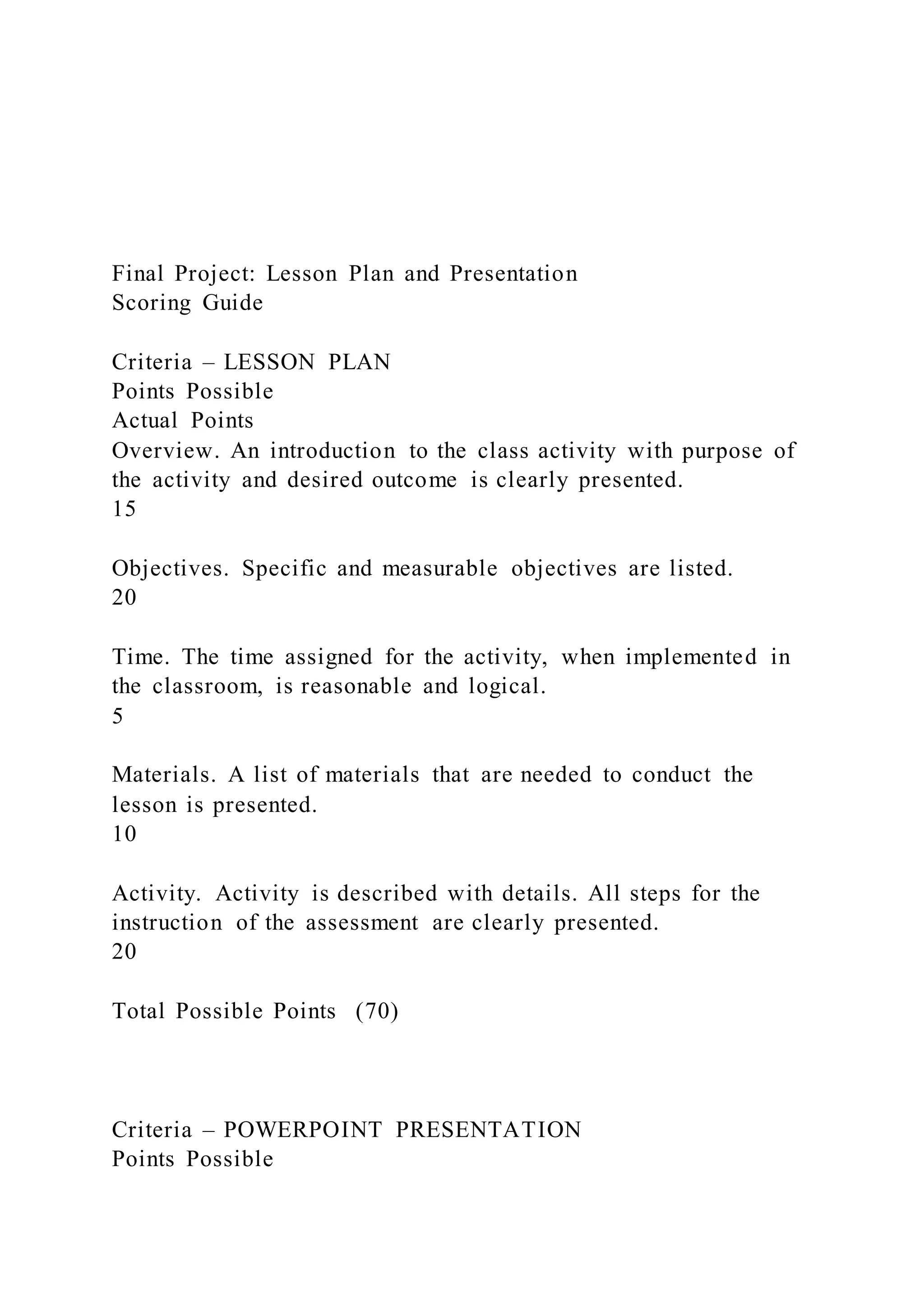 Final Project Lesson Plan and PresentationScoring Guide | PDF