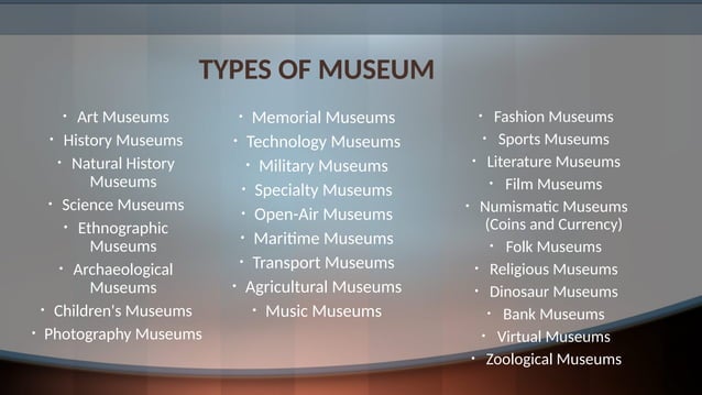 FINAL PROJECT MUSEUM RESEARCH. with types and other design considerations for museums. | PPTX