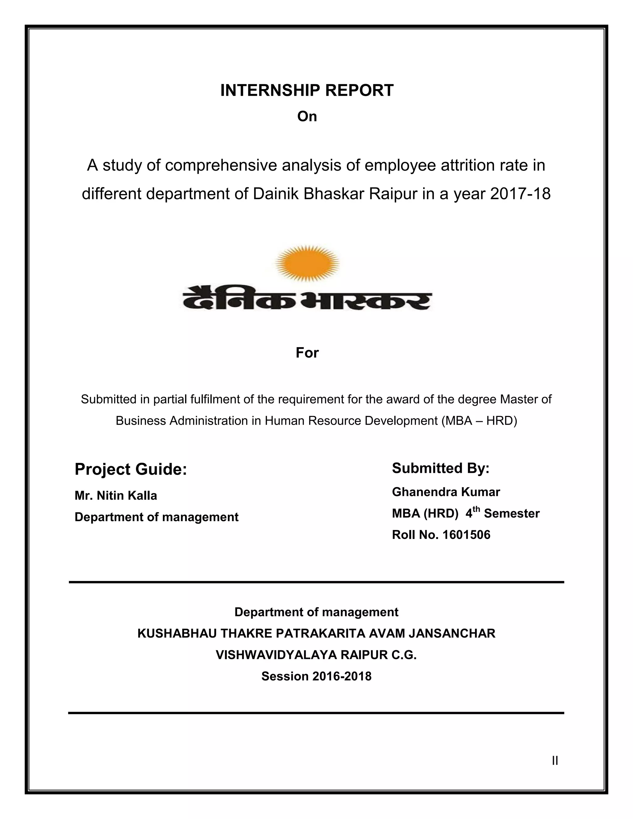 Employee Attrition Rate, MBA HR, Final Project Report. | PDF