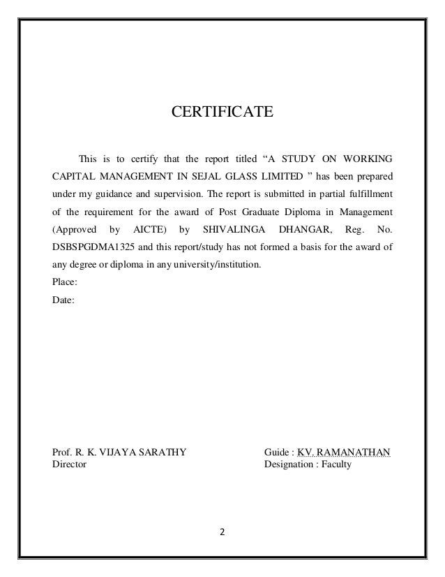 Project report on Working Capital Management