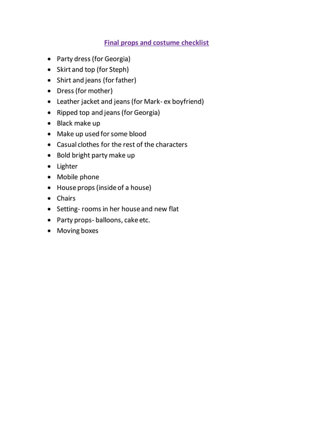 Final props and costume checklist | DOCX