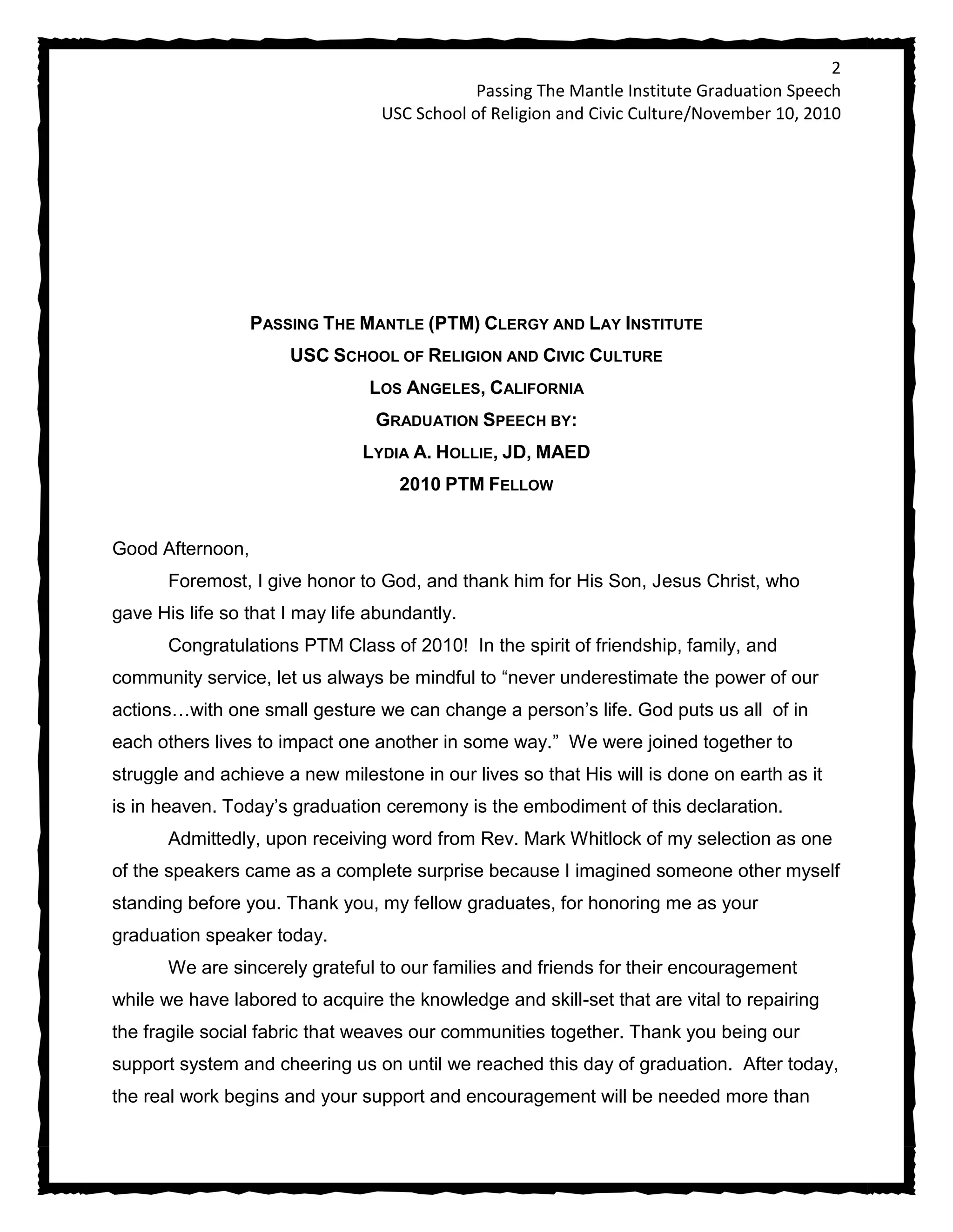 Passing The Mantle Institute Graduation Speech | PDF