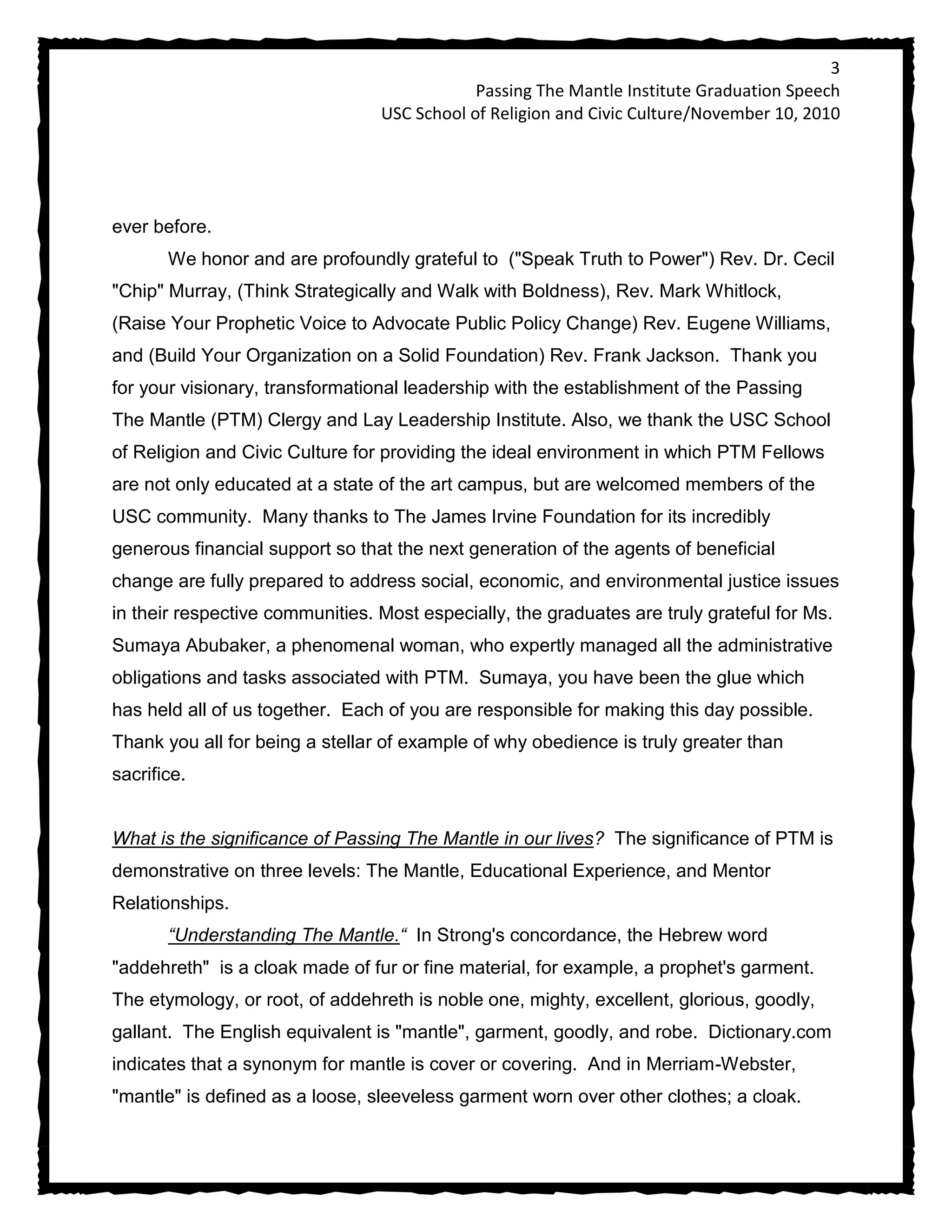 Passing The Mantle Institute Graduation Speech | PDF