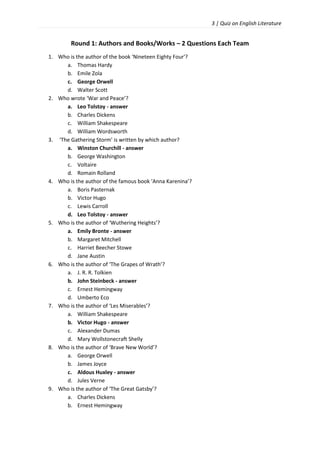 Quiz on English Language and Literature | PDF