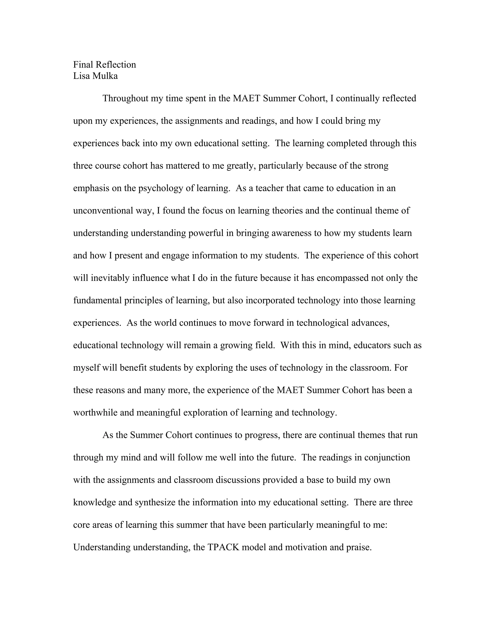 Final Reflection | DOC | Educational Assessment | Education