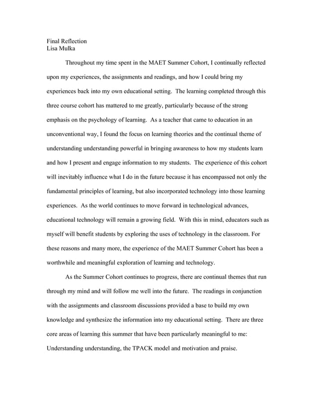 Final Reflection | DOC | Educational Assessment | Education