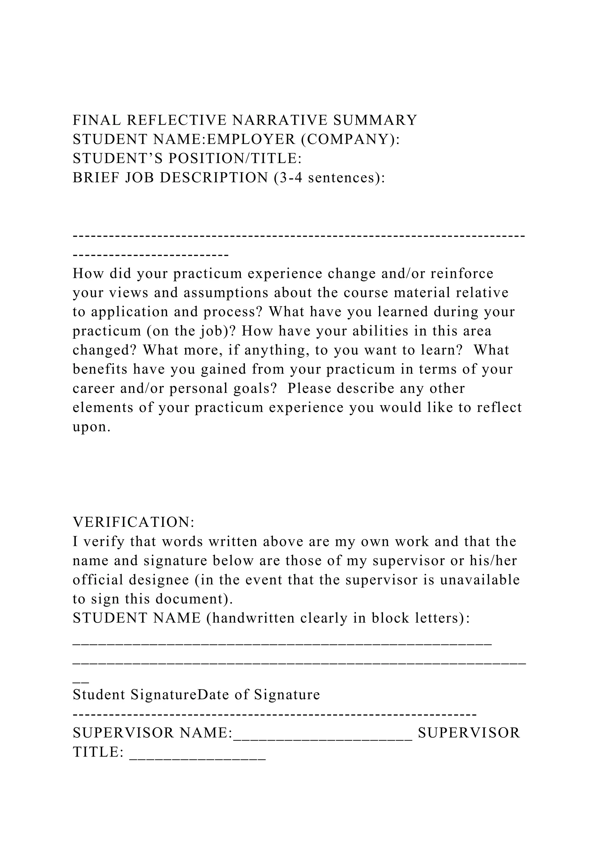 FINAL REFLECTIVE NARRATIVE SUMMARYSTUDENT NAMEEMPLOYER (COM.docx