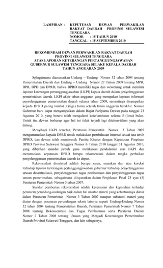 FINAL REKOMENDASI DPRD SULTRA ATAS LKPJ 2009 | PDF