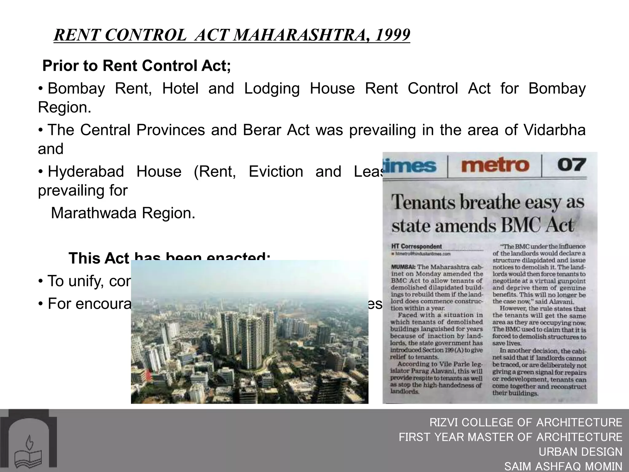 Rent Control Act, Maharashtra 1999 | PPTX