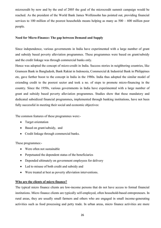 Microfinance : Project Report | DOCX | Government Support and Welfare ...