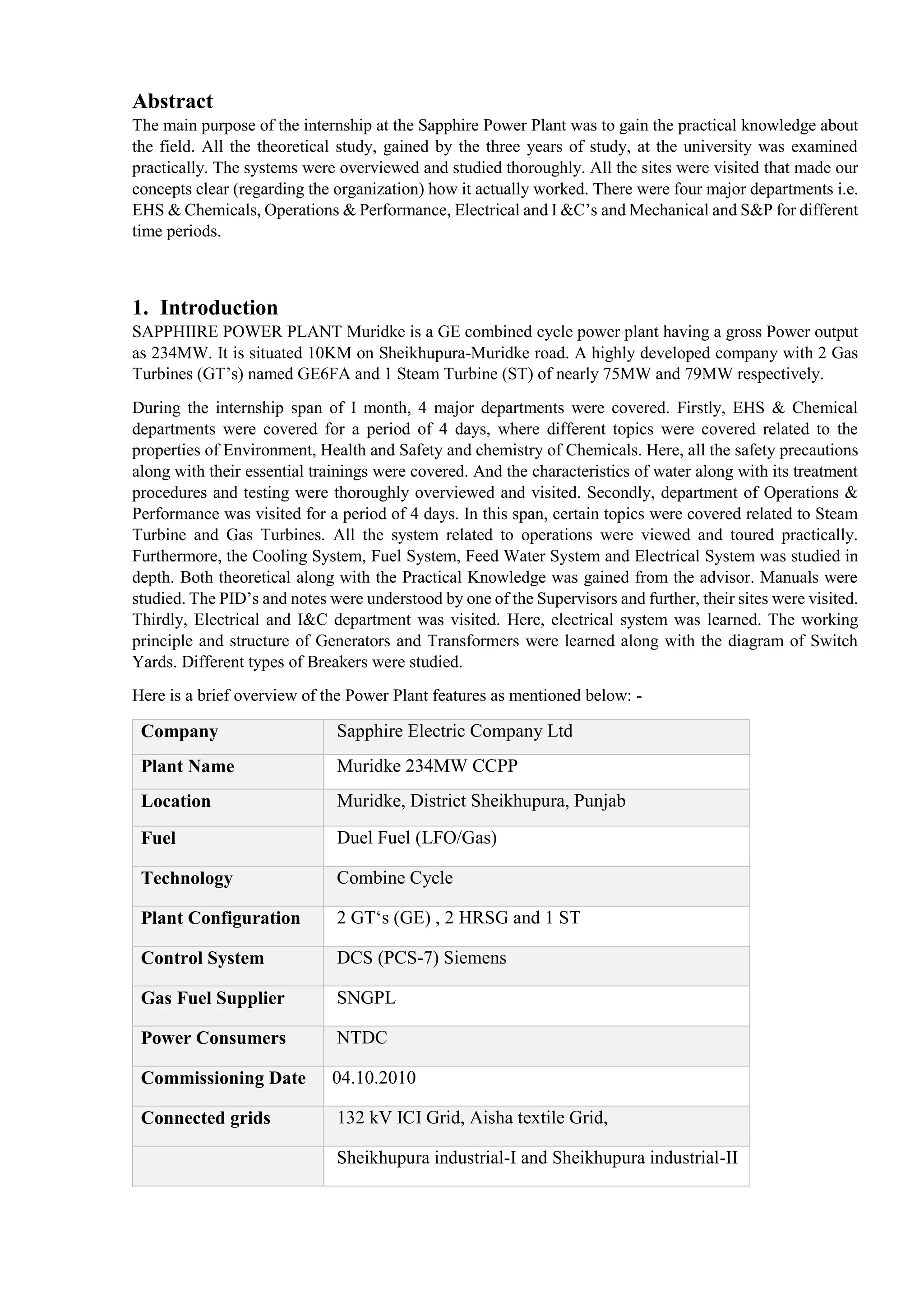 Internship Sapphire Power Plant (GE) | PDF