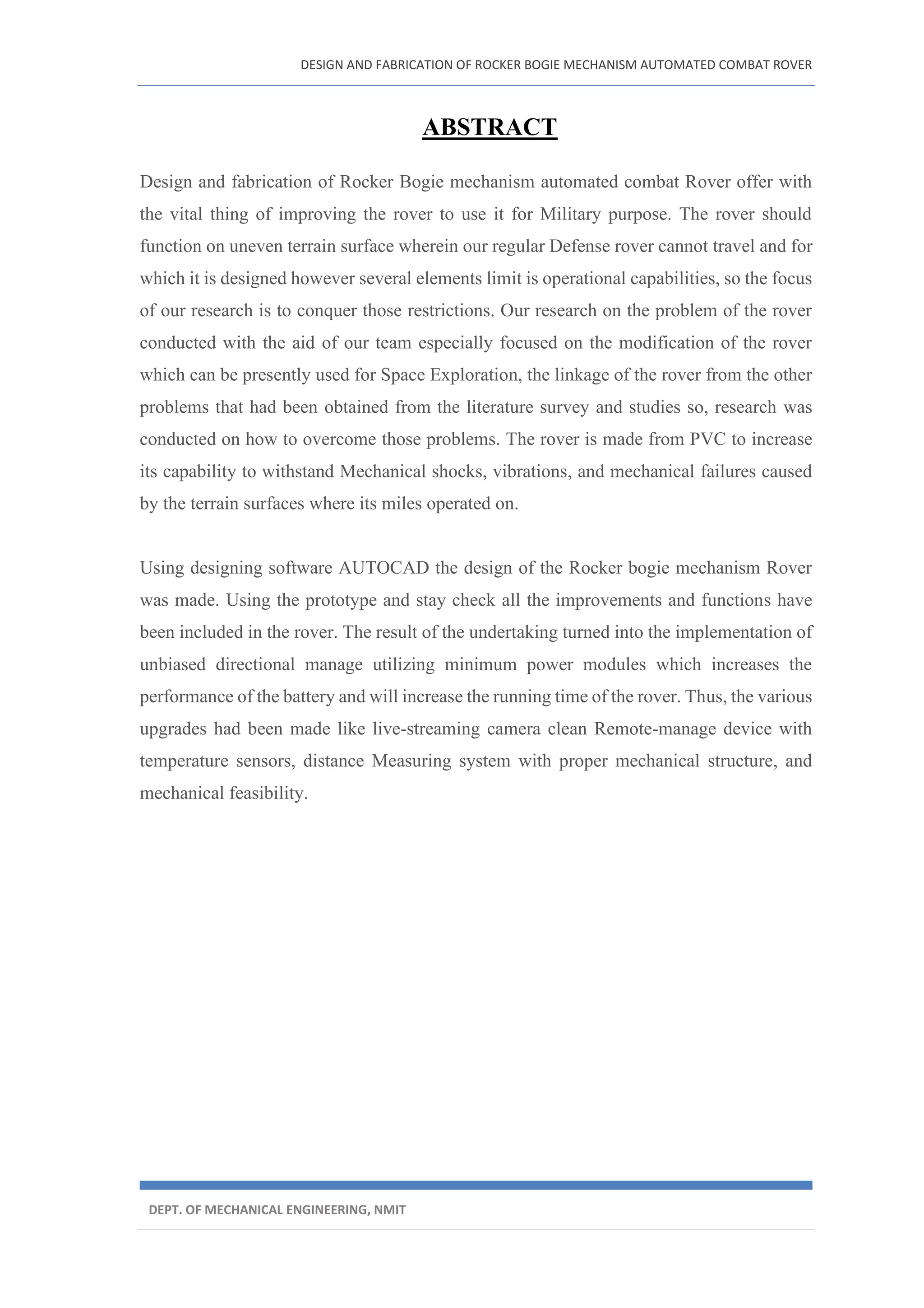 Design and Fabrication of Rocker Bogie Mechanism Automated Combat Rover ...