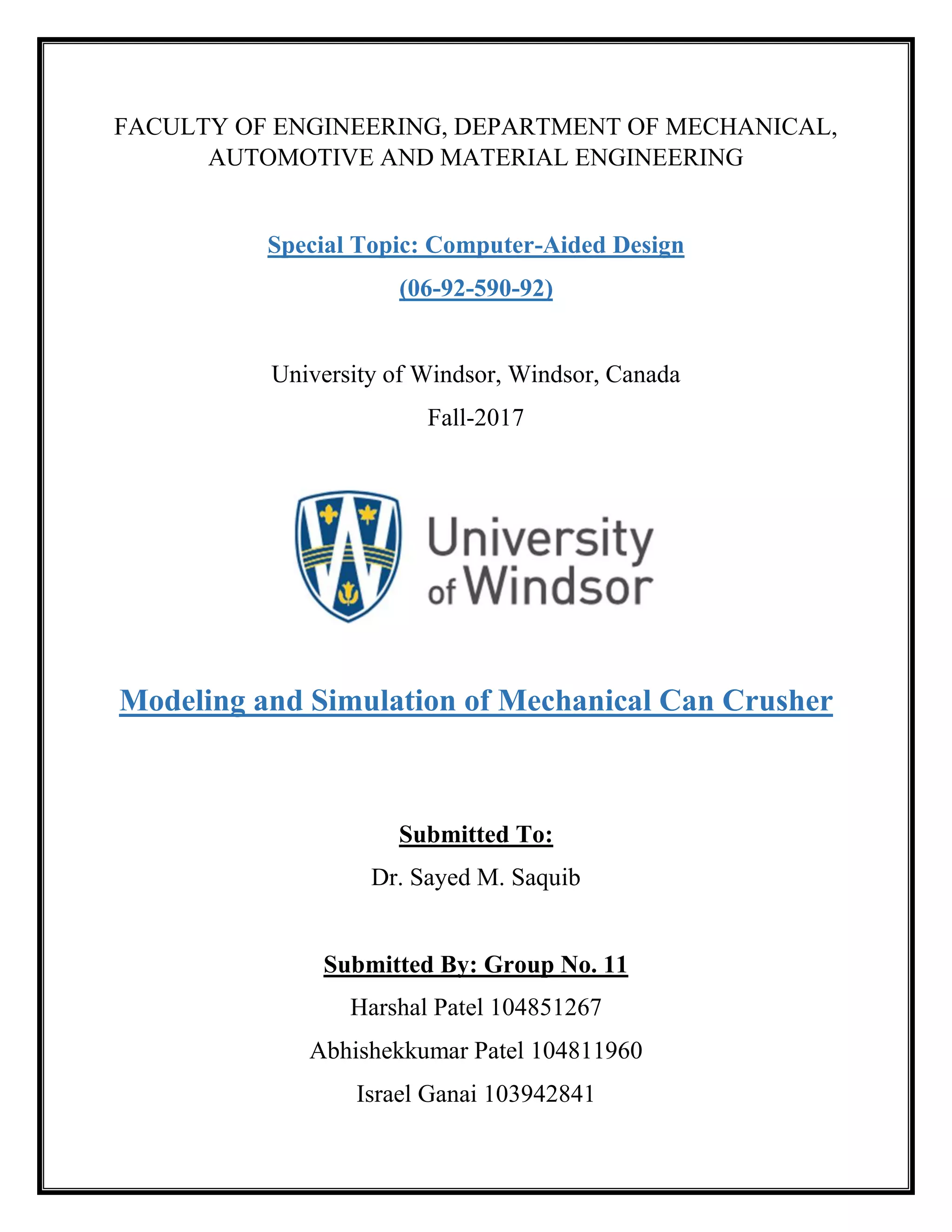 CAD Project Report - University of Windsor | PDF