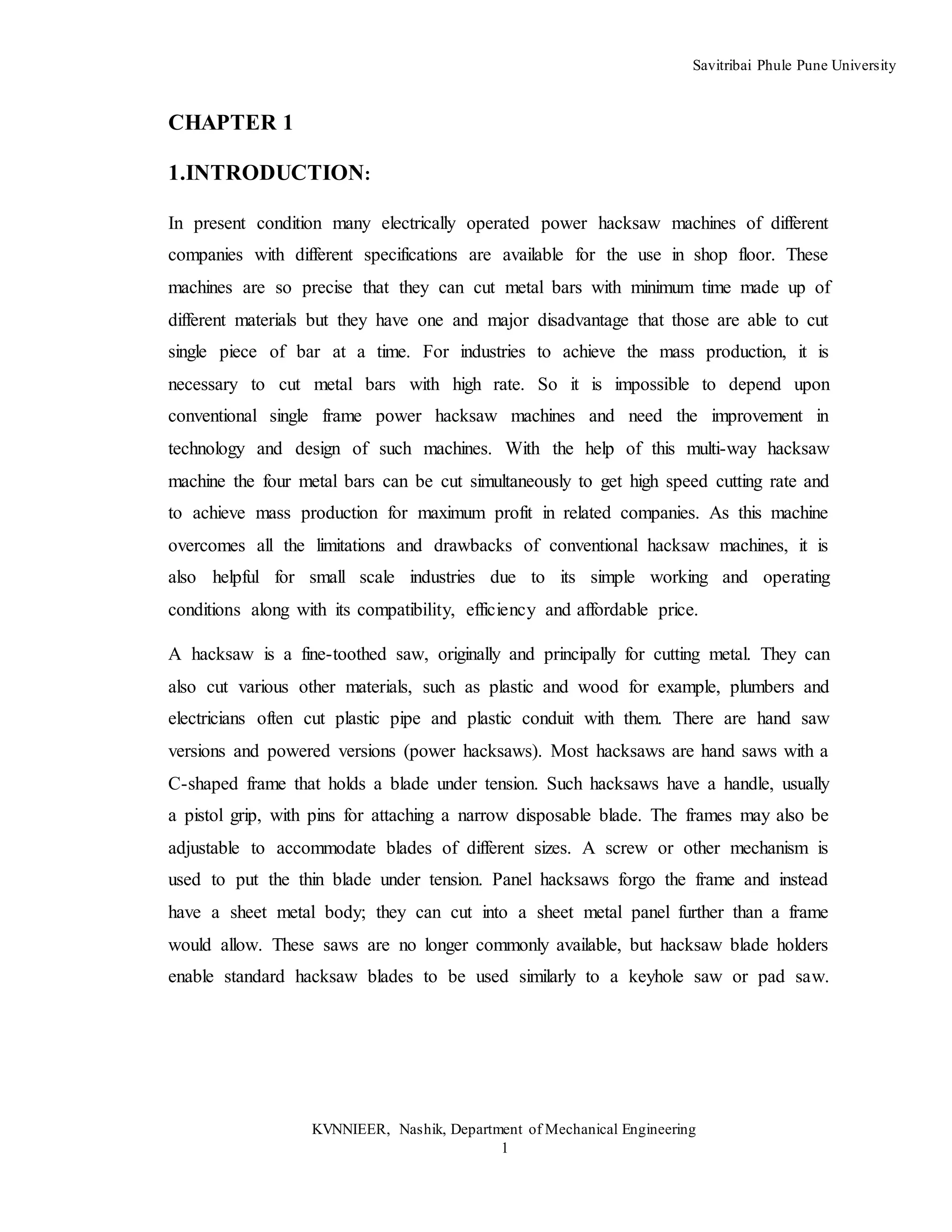 optimization and development of multiway hacksaw machine | DOCX