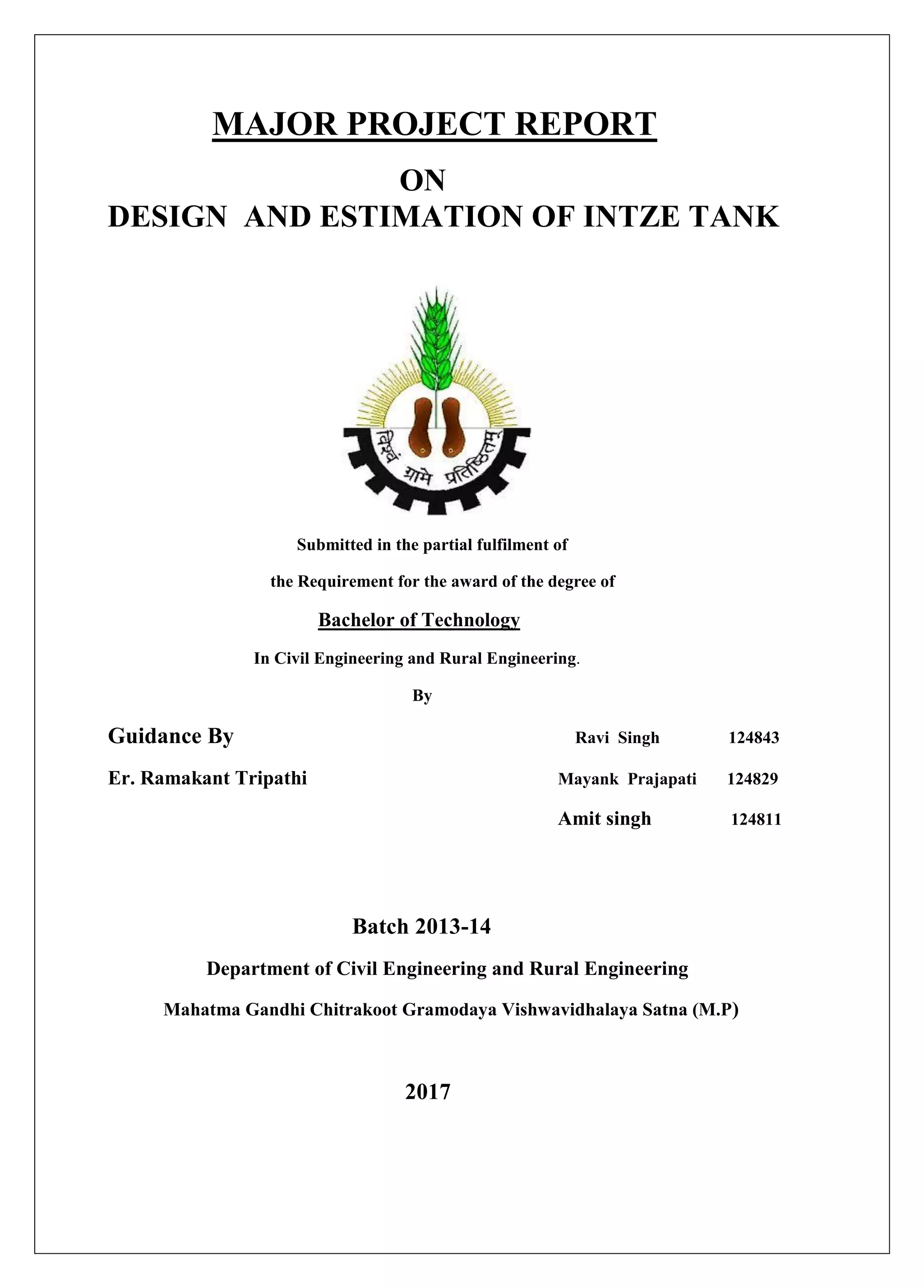 Design Intze Water tank mazor project Report | PDF