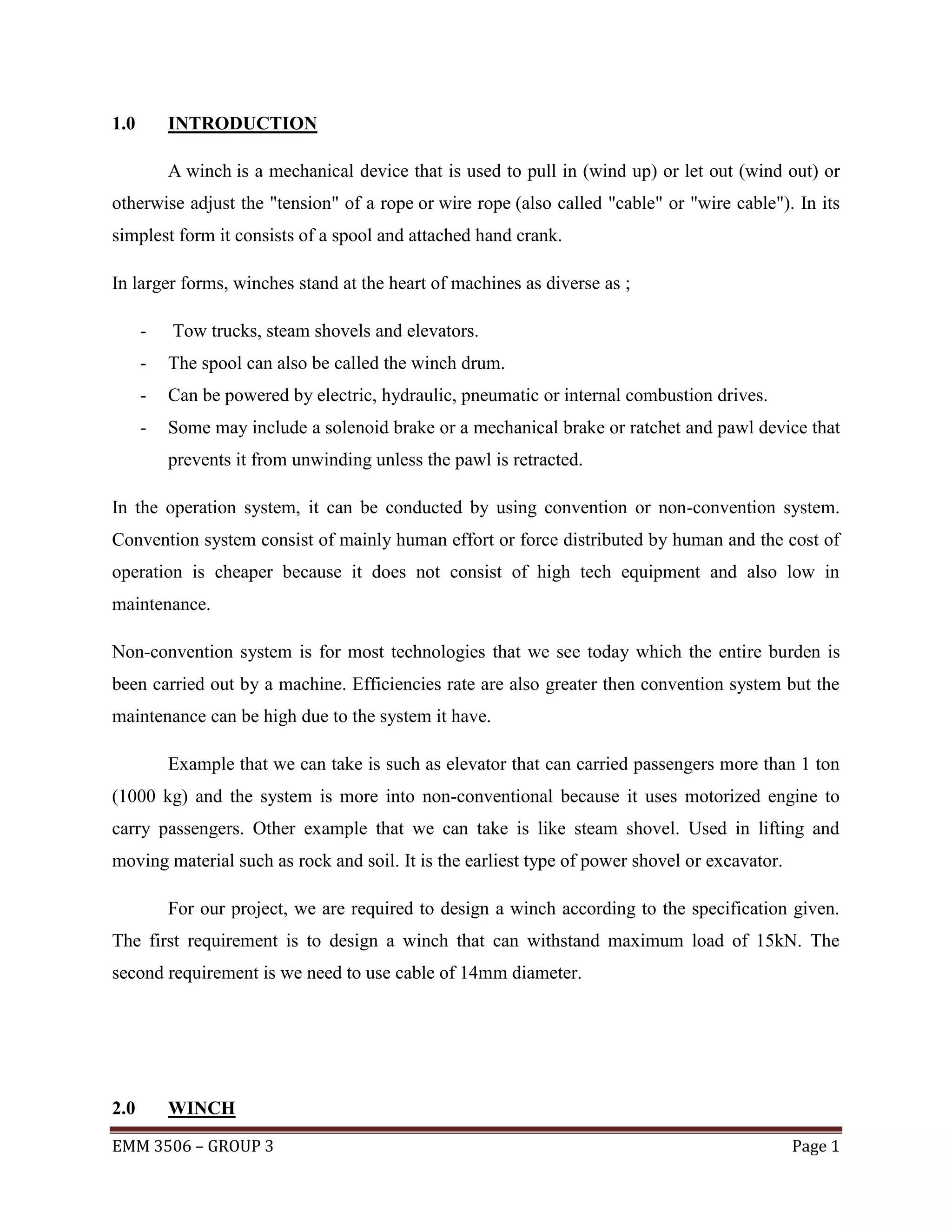 introduction, drawing, calculation for winch design | PDF