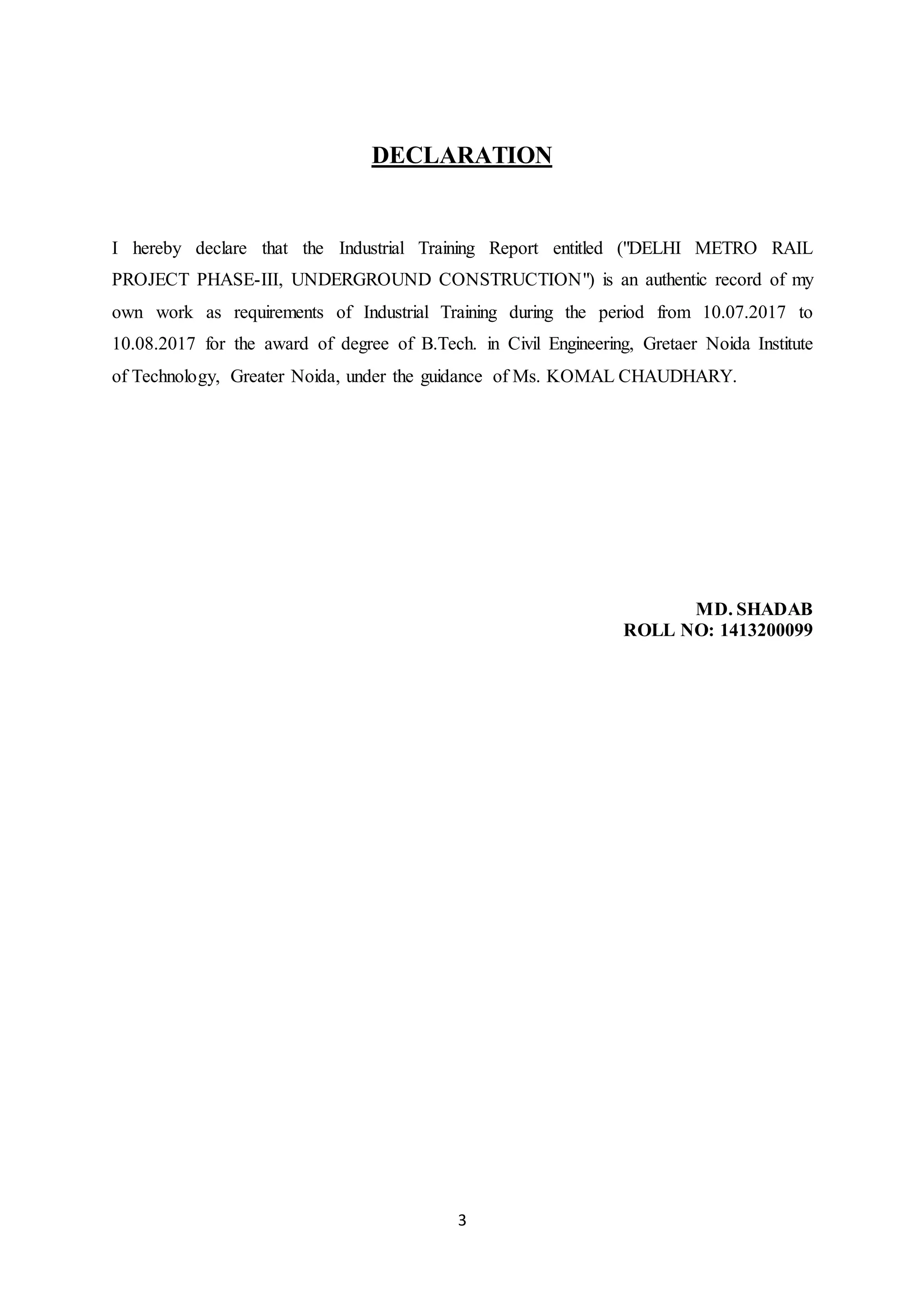 DMRC REPORT ON UNDERGROUND CONSTRUCTION | DOCX