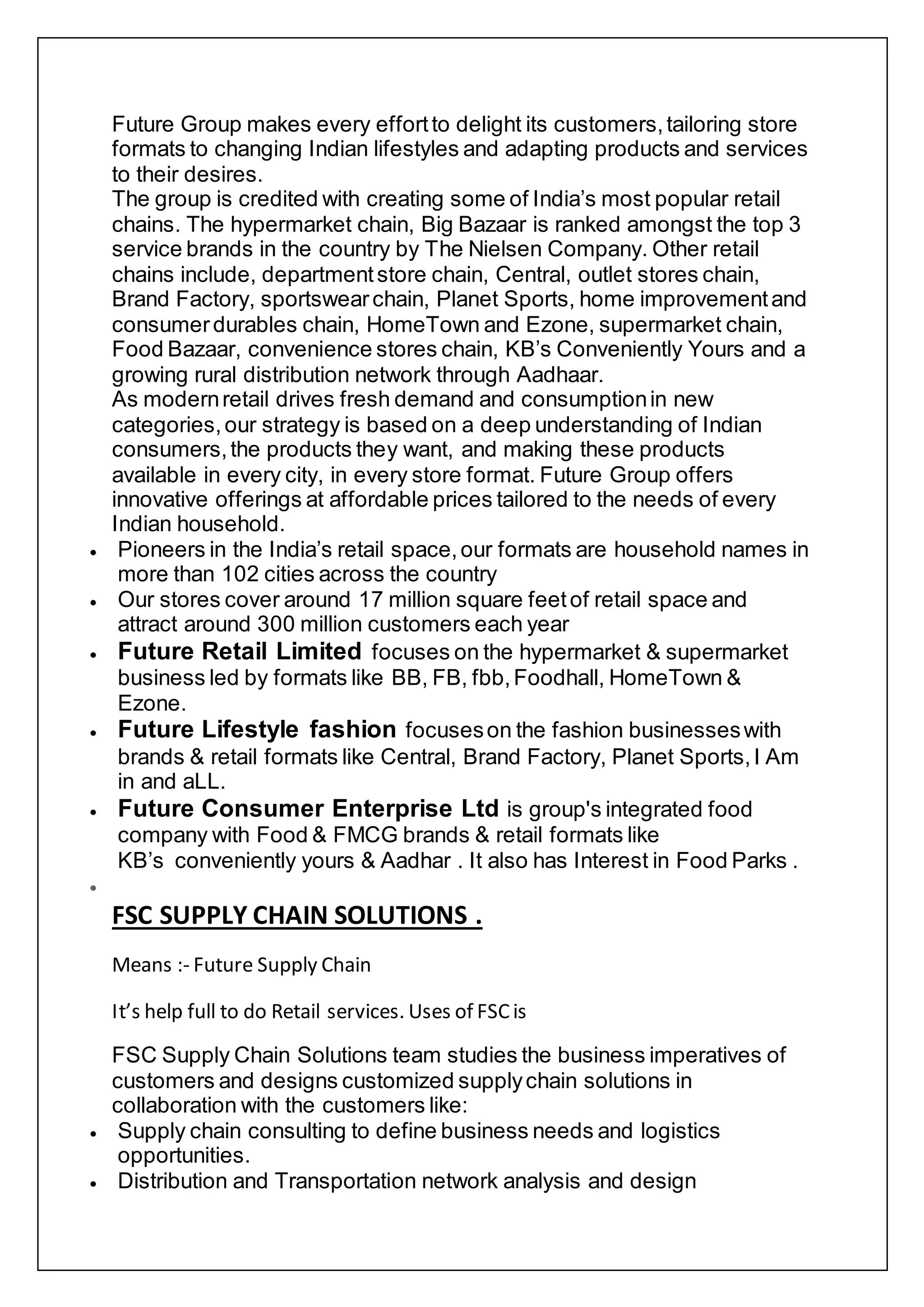 SUMMER INTERNSHIP REPORT ON FUTURE RETAIL LIMITED - HYDERABAD | DOCX