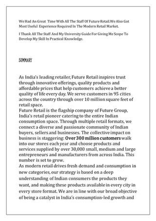 SUMMER INTERNSHIP REPORT ON FUTURE RETAIL LIMITED - HYDERABAD | DOCX