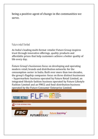 SUMMER INTERNSHIP REPORT ON FUTURE RETAIL LIMITED - HYDERABAD | DOCX