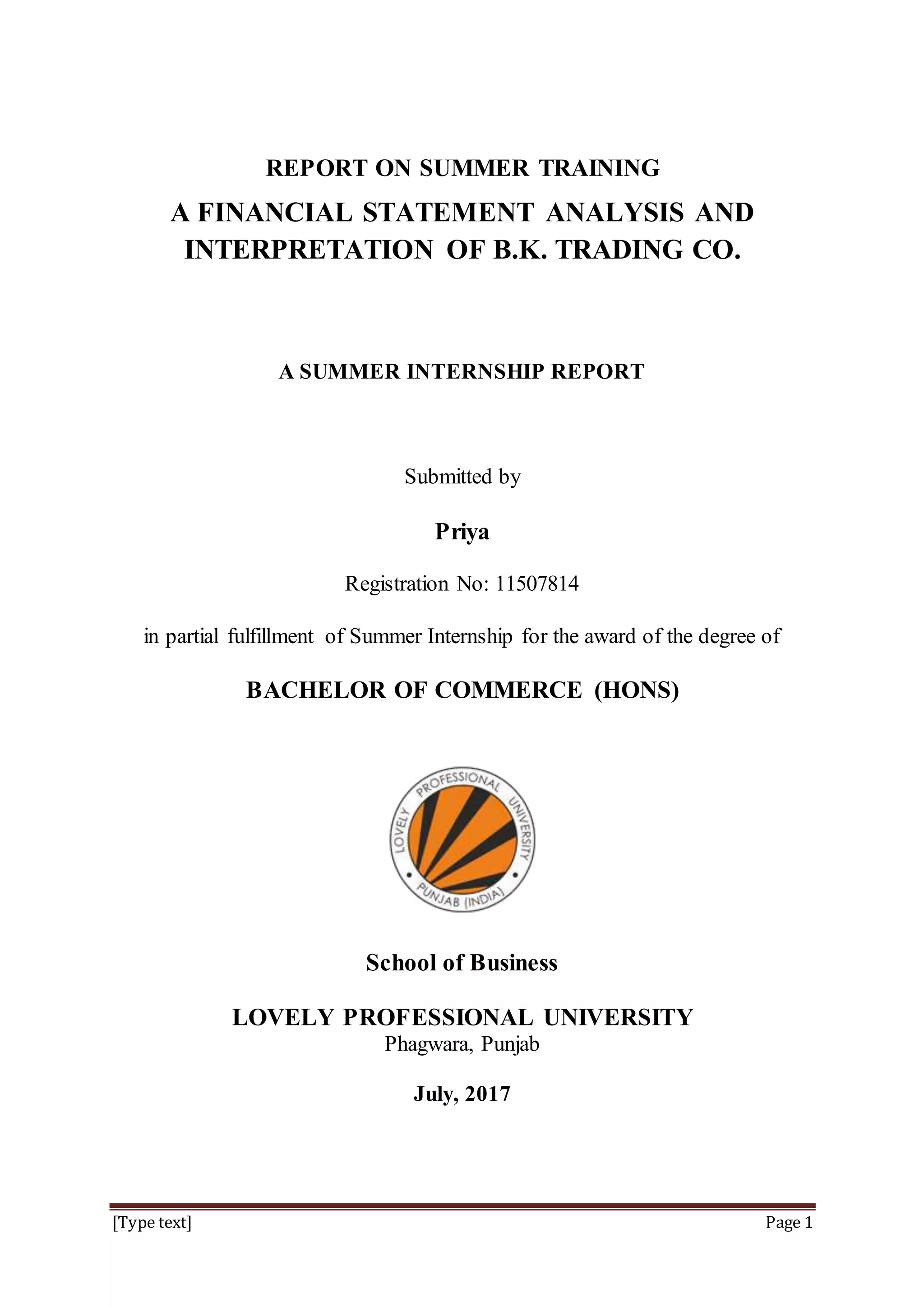 REPORT ON SUMMER TRAINING A FINANCIAL STATEMENT ANALYSIS AND ...