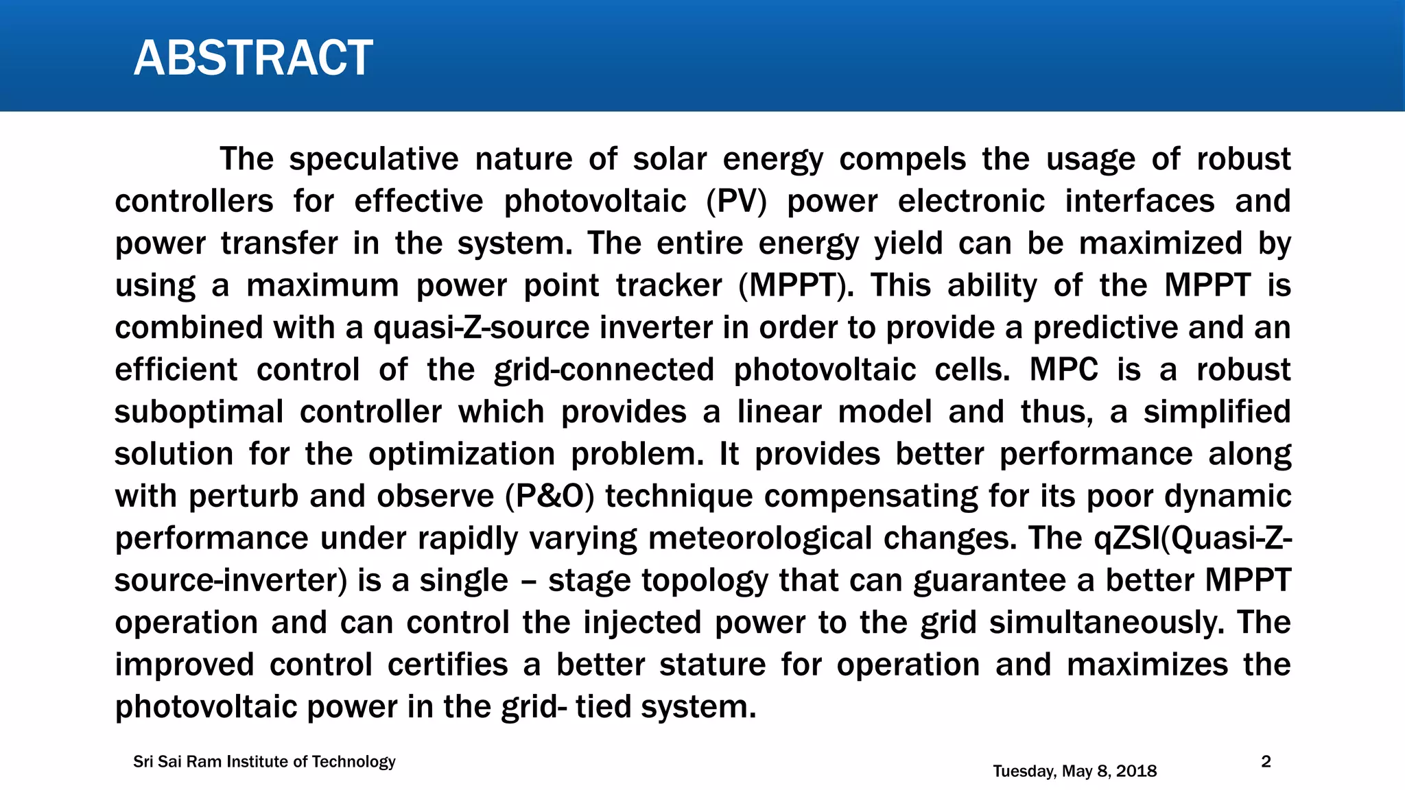Control Of Grid Tied Solar Photovoltaic Power Using Quasi Z Source Inverter And Mpc Mppt