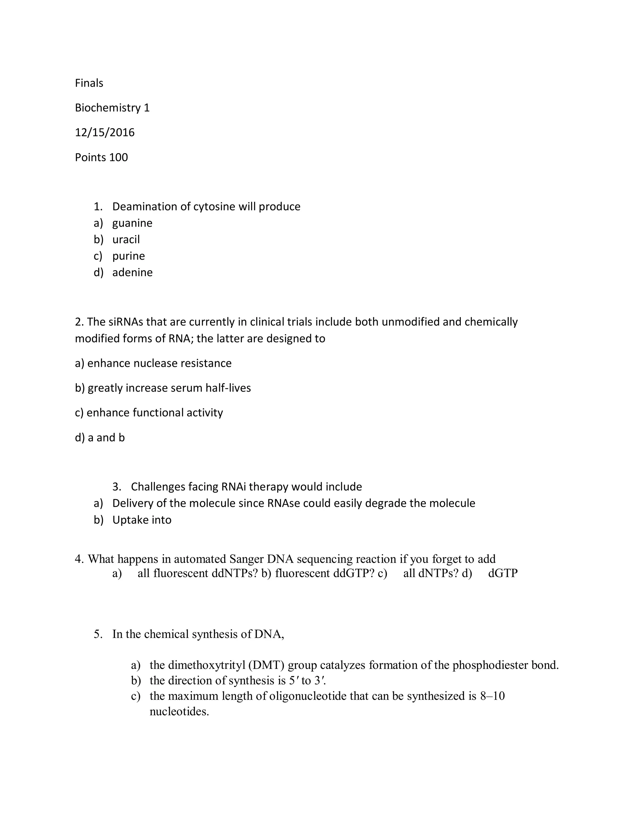 Biochemistry Exam Nucleotides Lipids Membranes and Signaling biochem ...