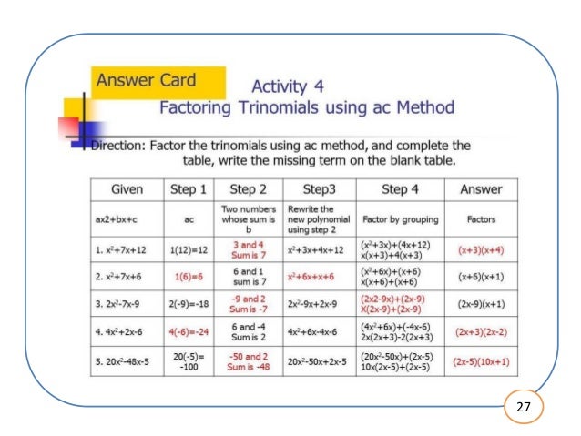 Factoring Trinomials Using Ac Method